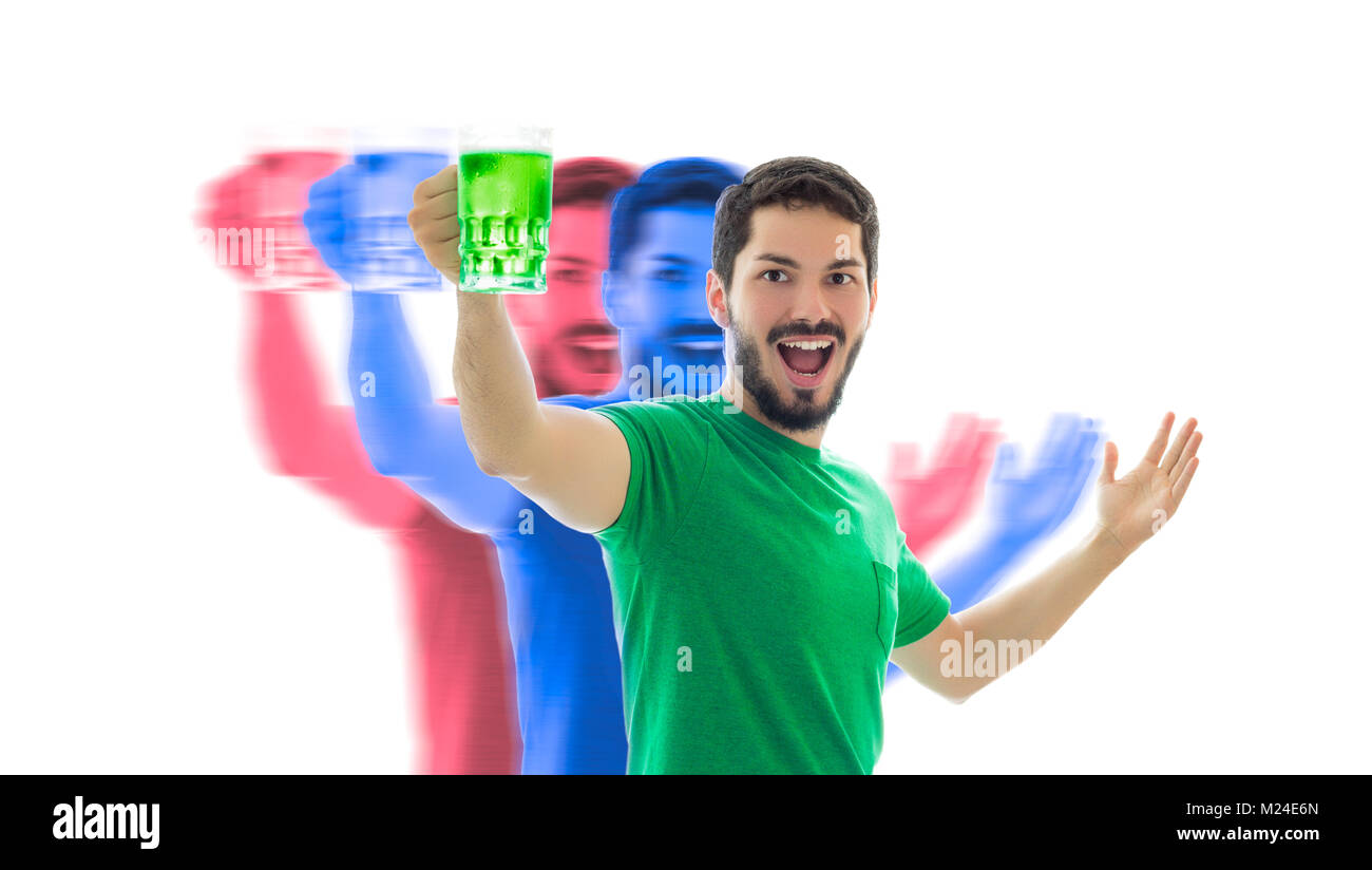 Young man having fun with a mug of chopp in his hand. Young man wearing ...
