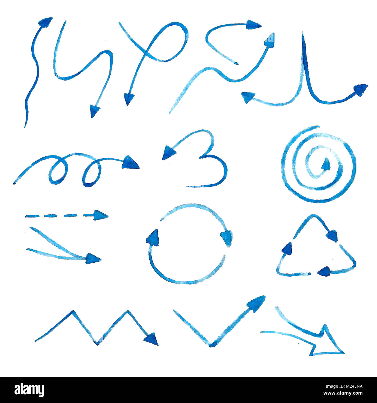 Watercolor collection of arrows in blue color illustration. Set of ...