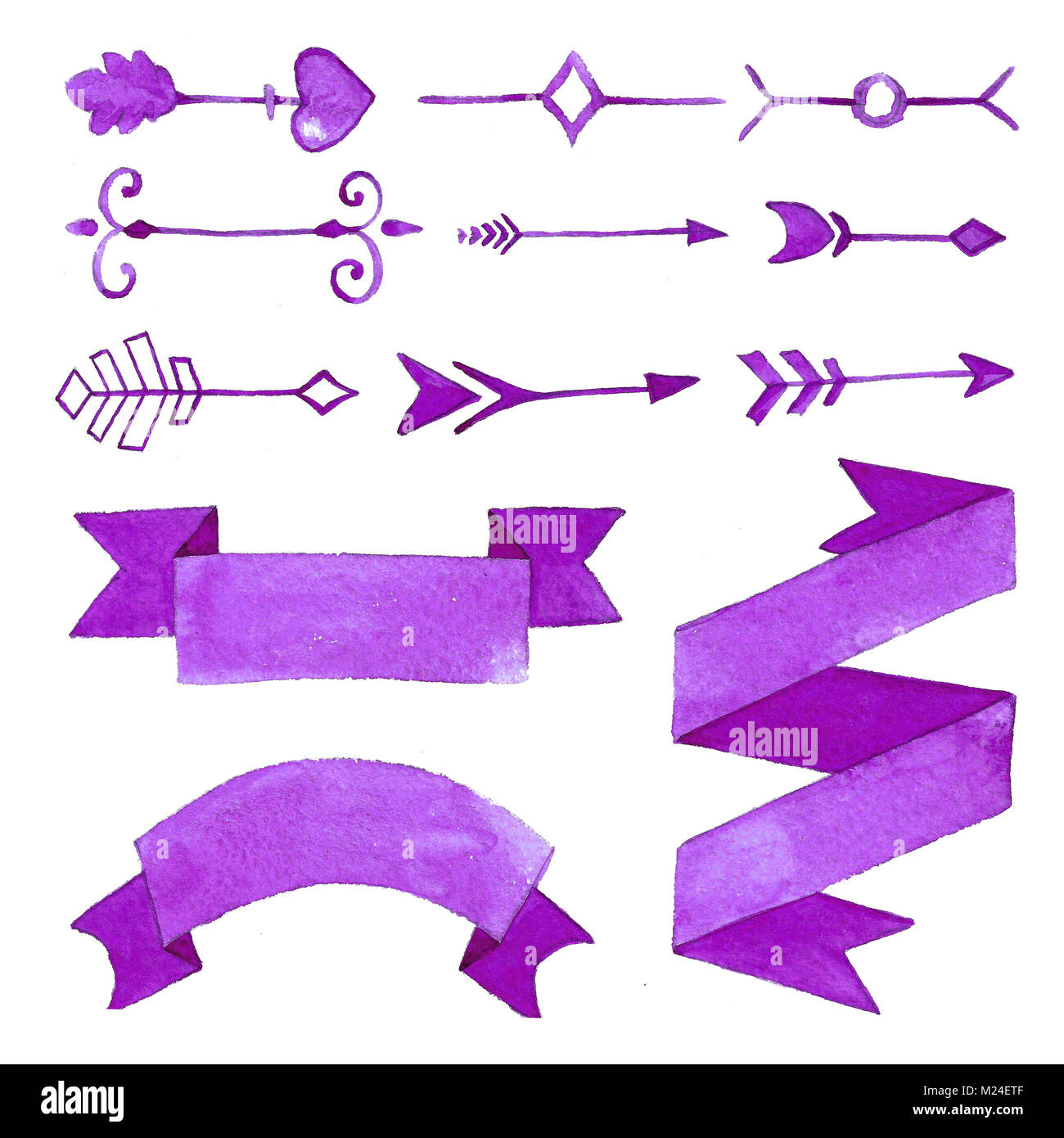 A set of watercolor arrows and banners from a ribbon. Isolated ...