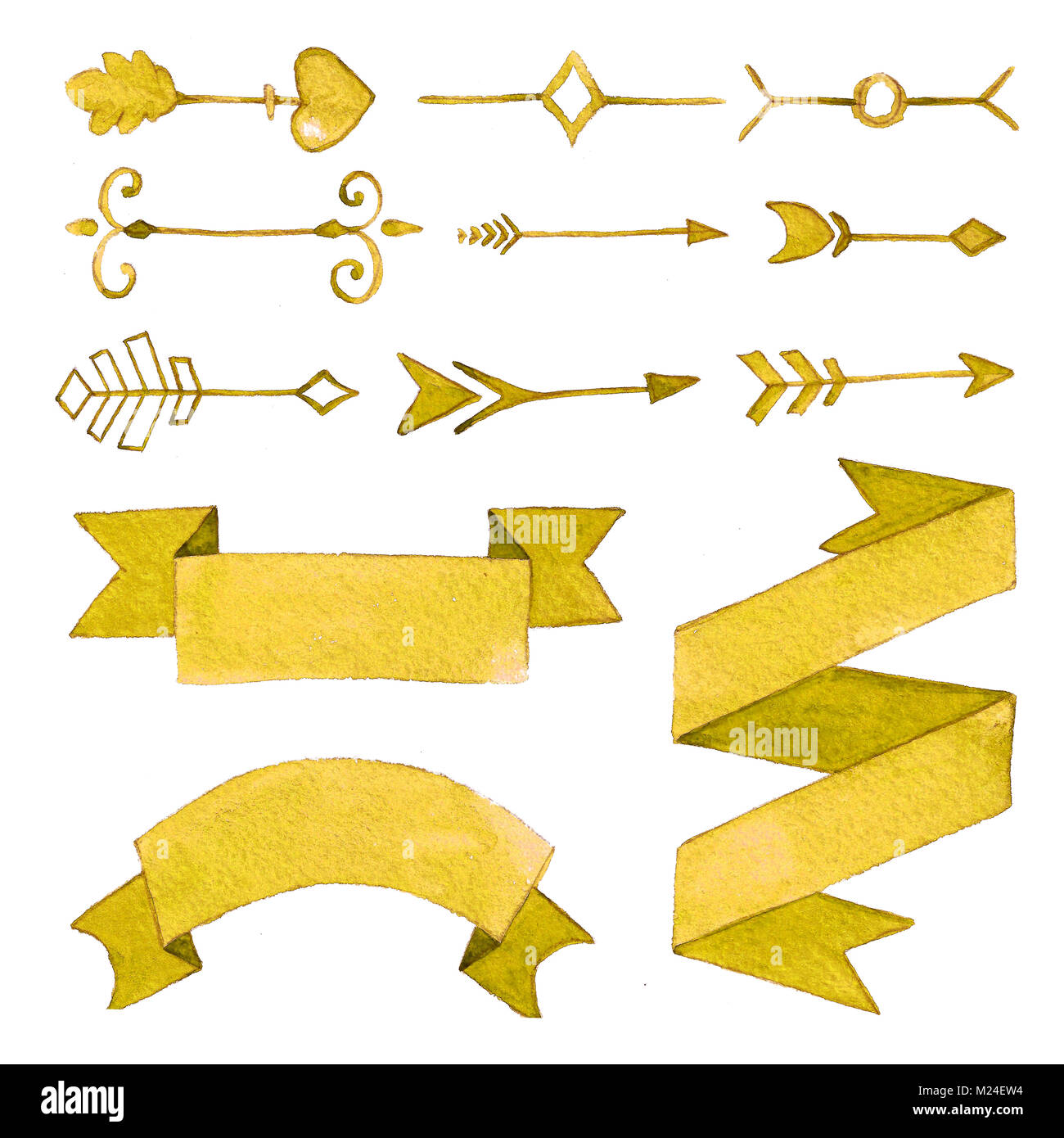 A set of yellow watercolor arrows and banners from a ribbon. Isolated ...