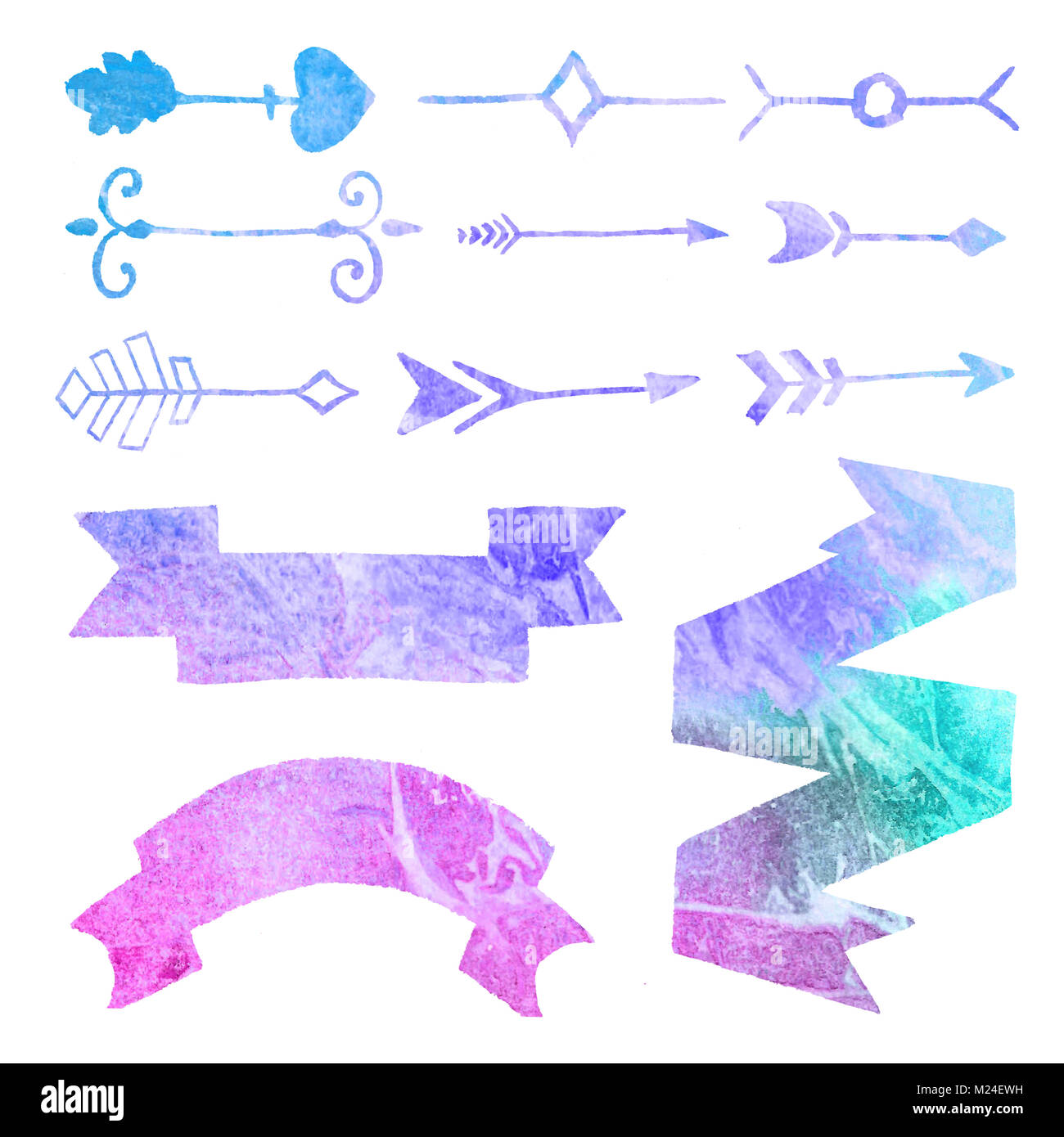 A set of watercolor arrows and banners from a ribbon in pink and blue ...