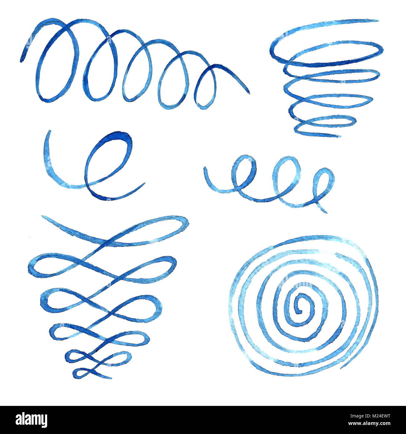 Watercolor collection of illustrations of spirals and a spring in blue ...