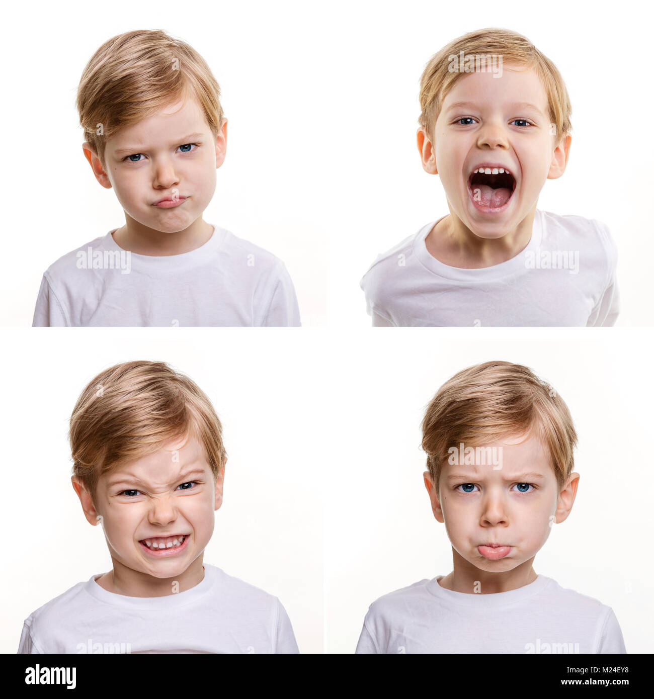 Four different face expressions of cute preschool boy over white Stock ...