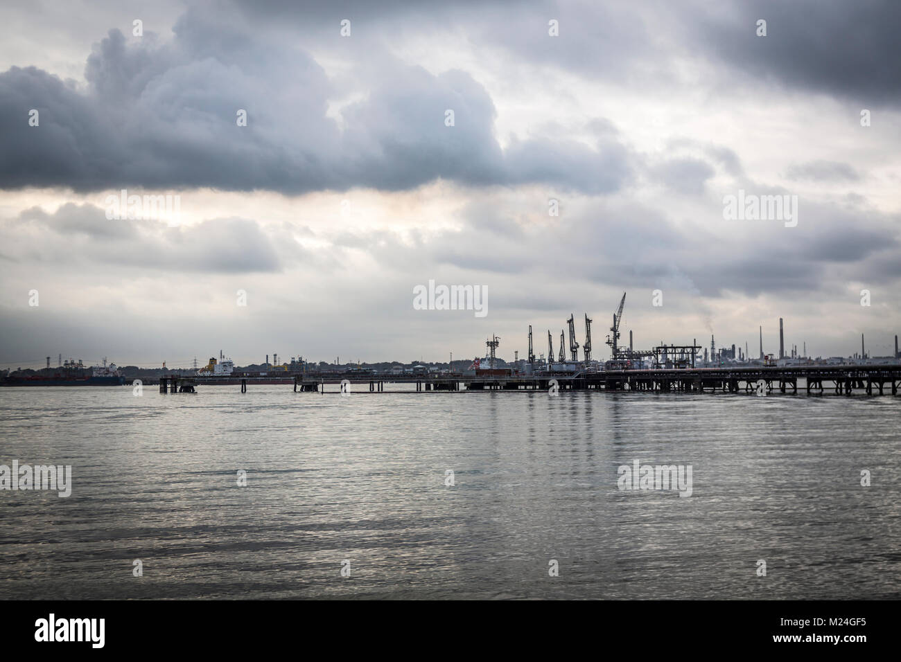 The oil jetty at Hamble, Southampton with Fawley Oil Refinery in the ...