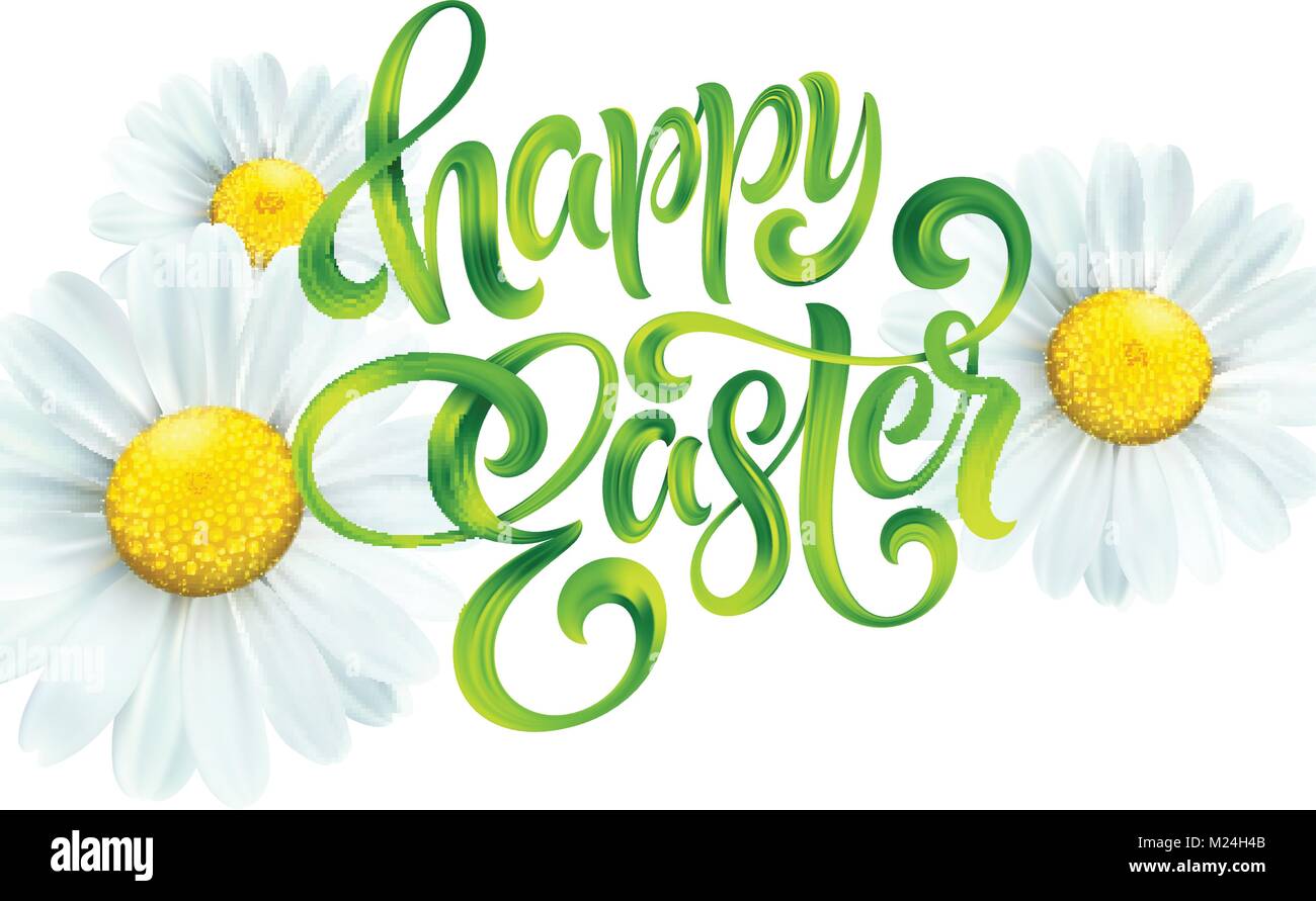 Happy Easter colorful paint lettering Greeting card with daisies ...
