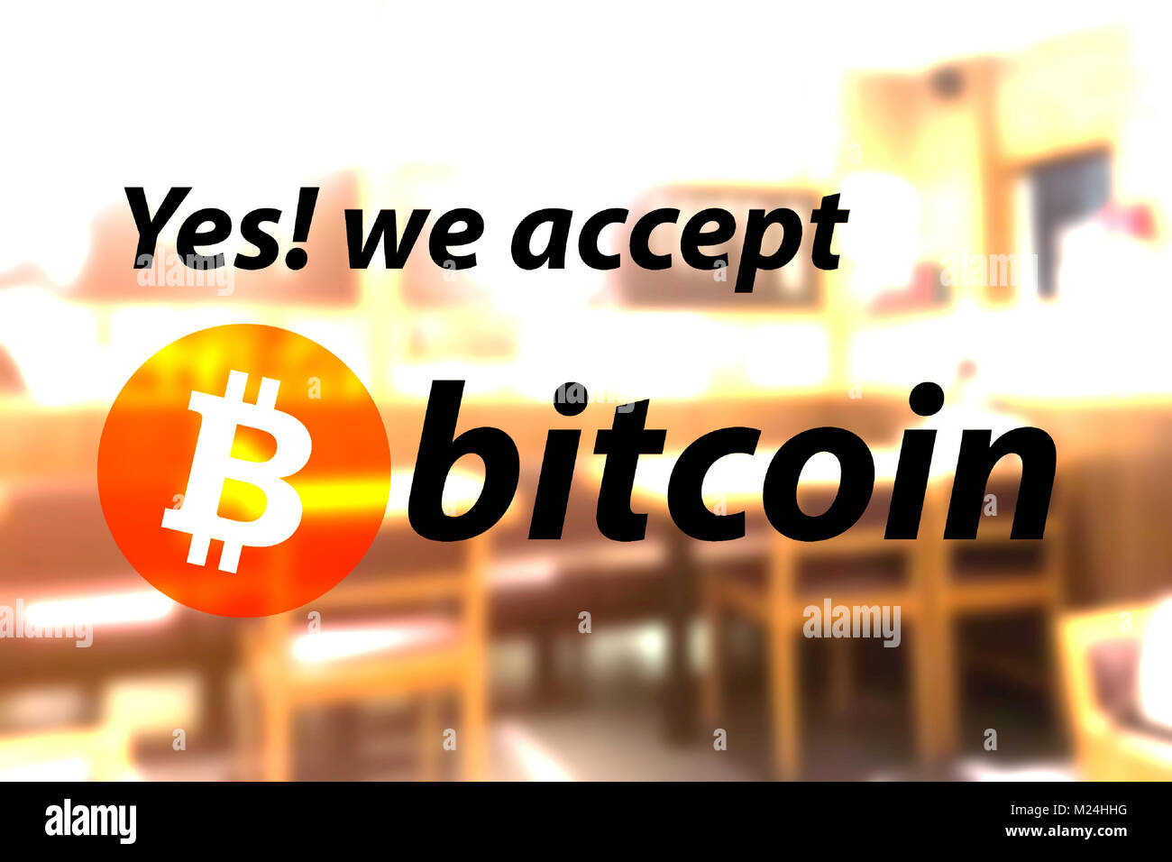 Bitcoin accepted sign with warm light tone and store background in ...