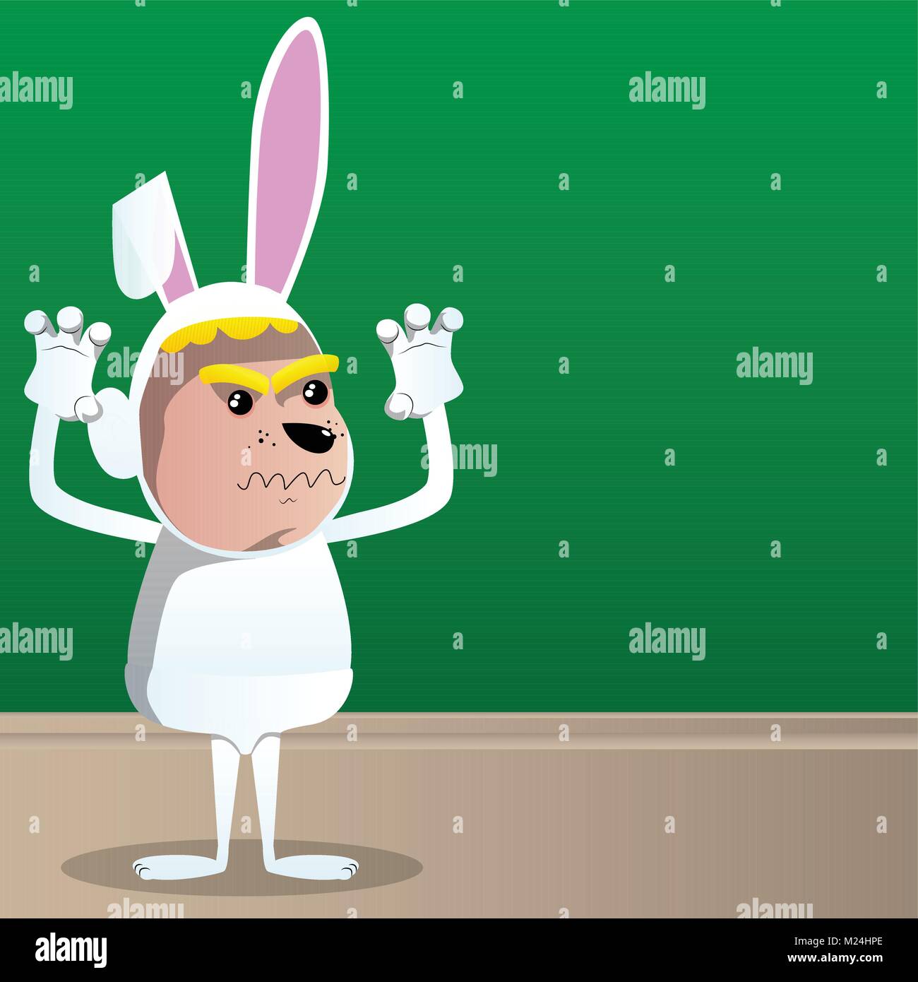 Boy dressed as Easter bunny is trying to scare you. Vector cartoon ...
