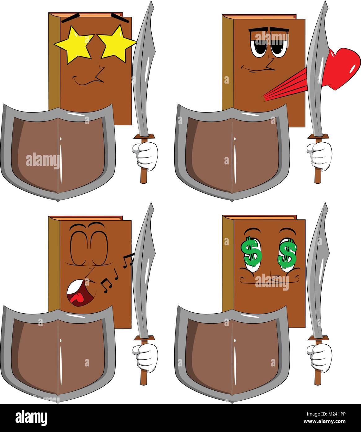 Books holding a sword and shield. Cartoon book collection with various ...