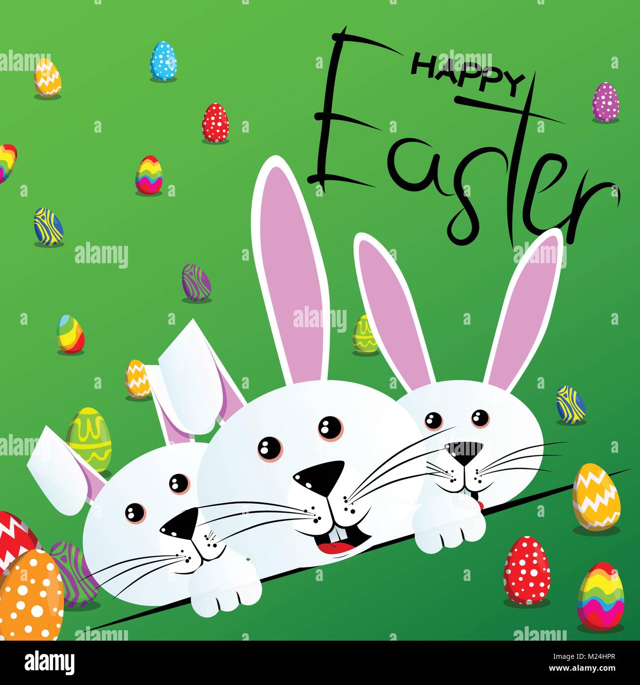 Bunnys with Happy Easter text on green background. Vector cartoon ...