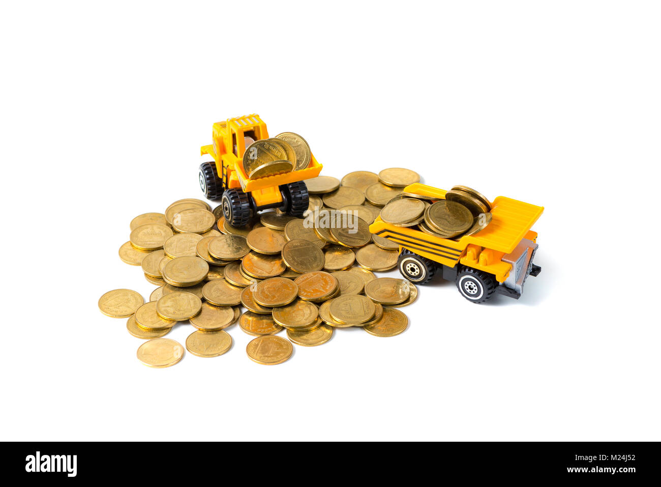 Mini bulldozer truck loading stack coin with pile of gold coin ...