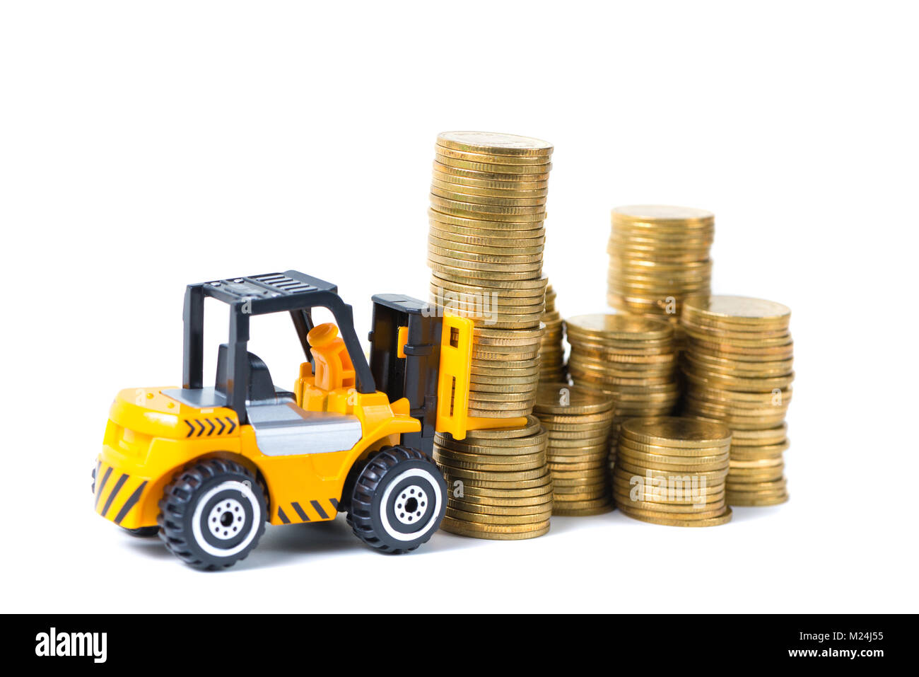 Mini forklift truck loading stack coin with steps of gold coin ...