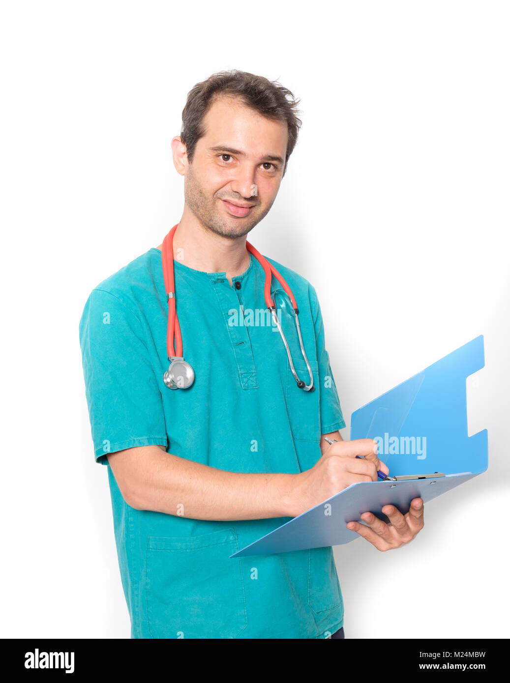 Doctor holding medical records isolated on white background Stock Photo ...