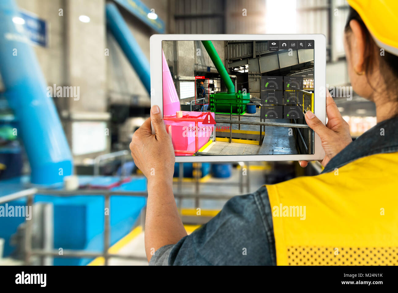 Industrial 4.0 , Augmented reality concept. Hand holding tablet with AR ...