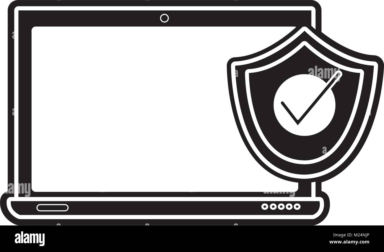 silhouette screen laptop technology with shield security Stock Vector ...