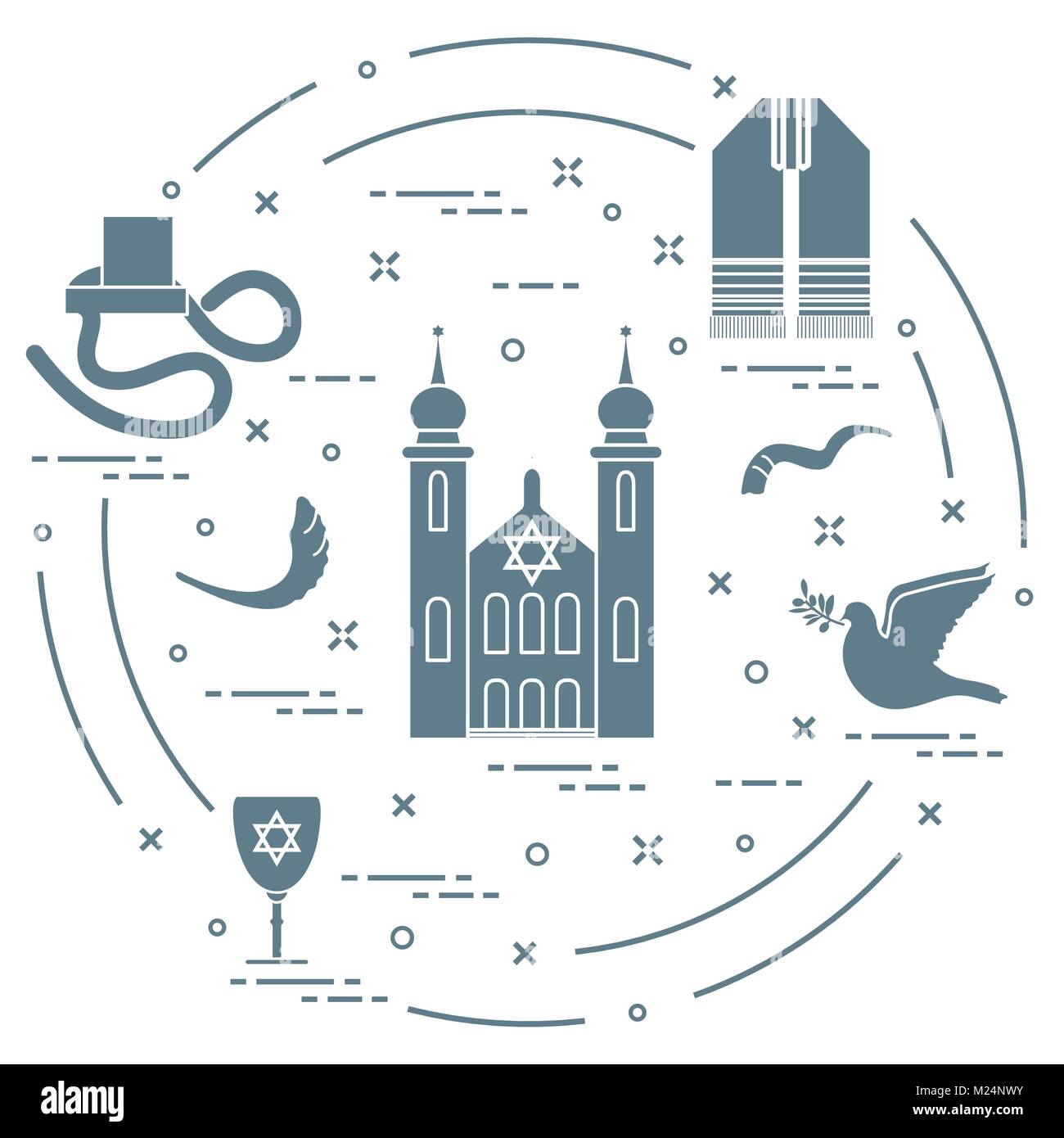 Jewish symbols: tfillin, synagogue, sheep's horn, dove, david's star ...