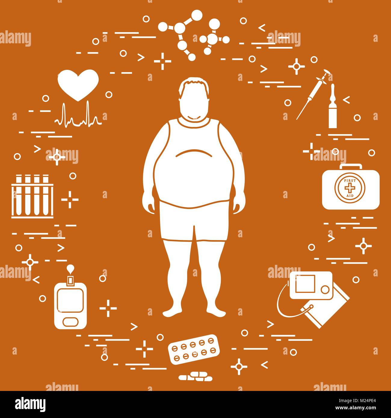 Fat man with medical devices, tools and drugs around him. Health and ...
