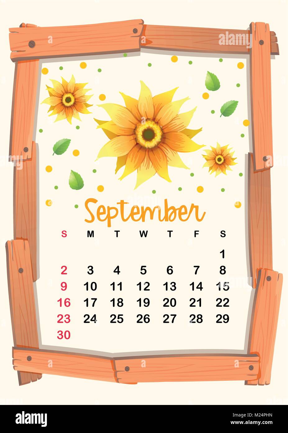 Calendar template with sunflower for September illustration Stock ...
