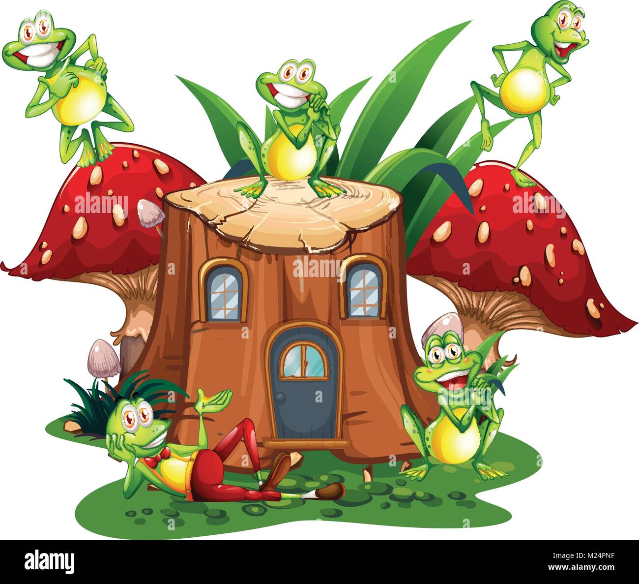 Happy frogs on wooden log house illustration Stock Vector Image & Art ...