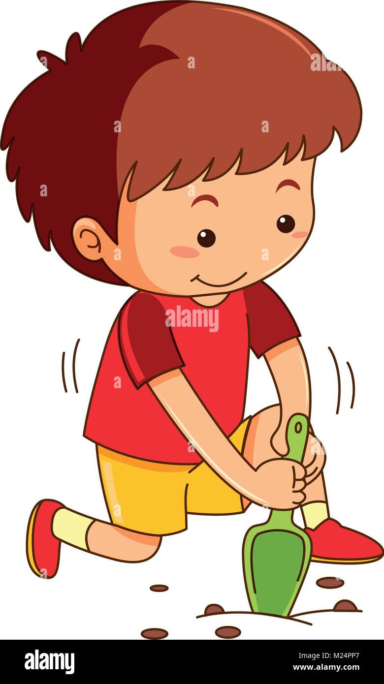 Boy with garden spoon digging hole illustration Stock Vector Image ...