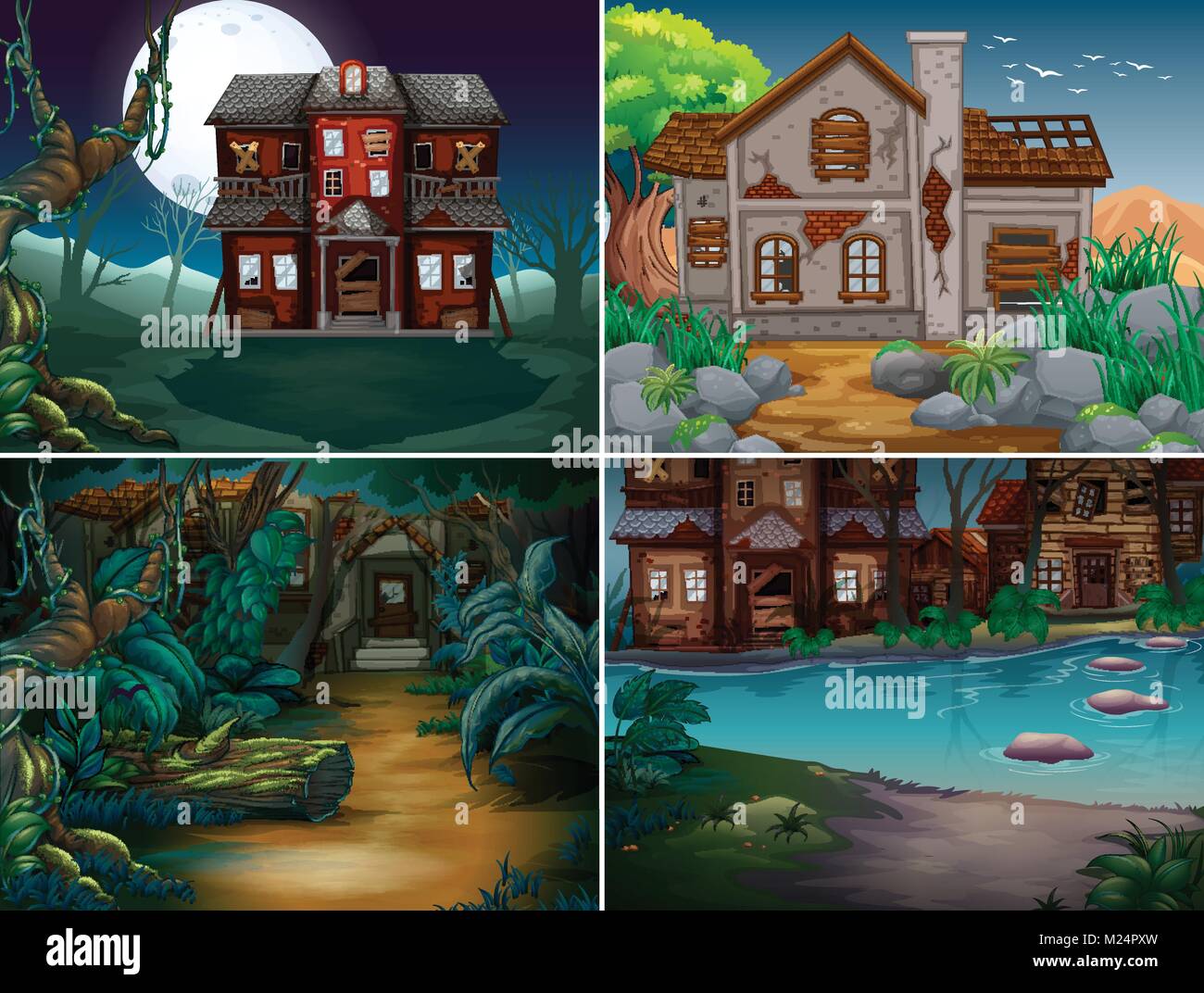 Four scenes with haunted houses in forest illustration Stock Vector ...