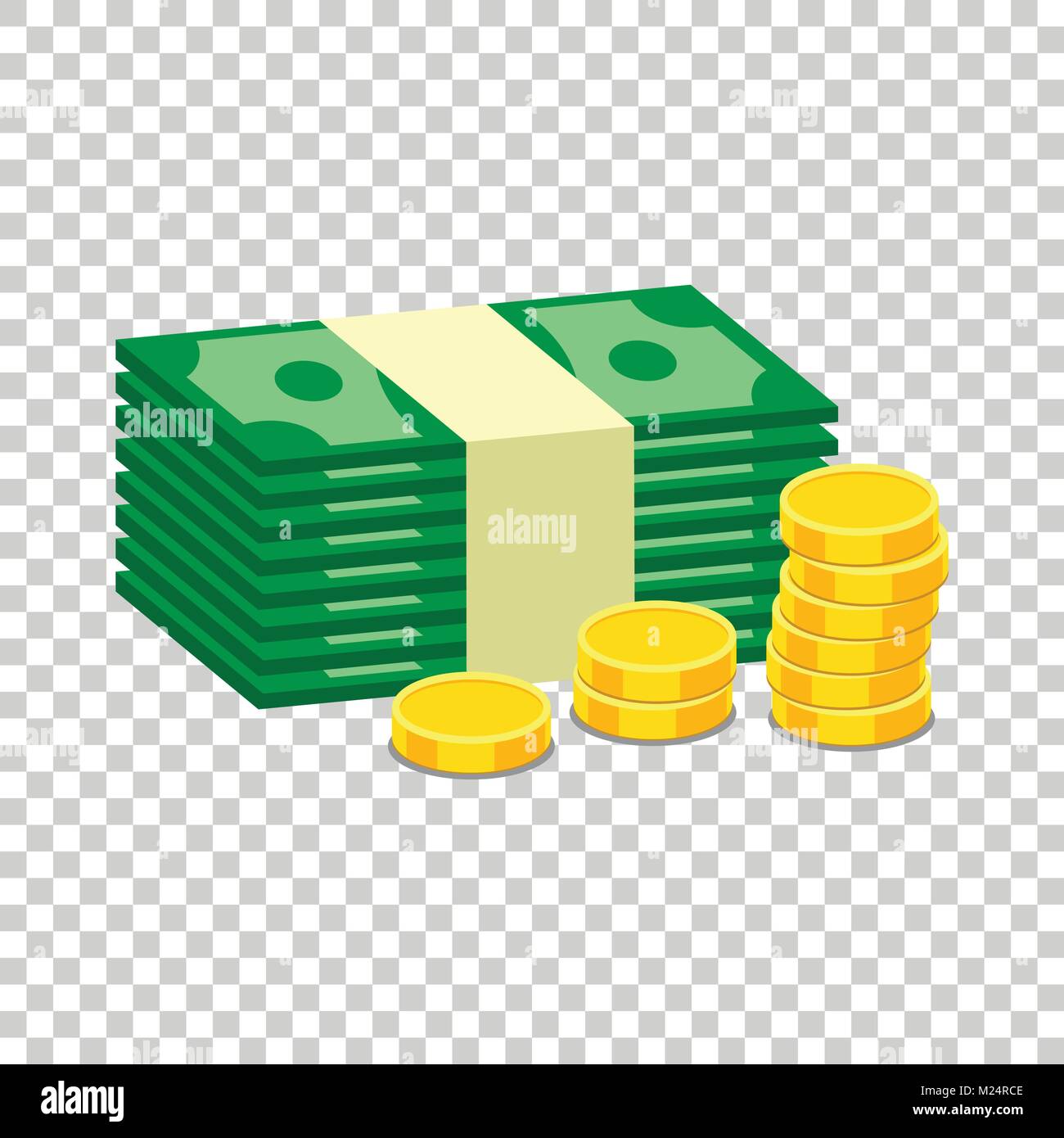 Stacks of gold coins and stacks of dollar cash. Vector illustration in ...