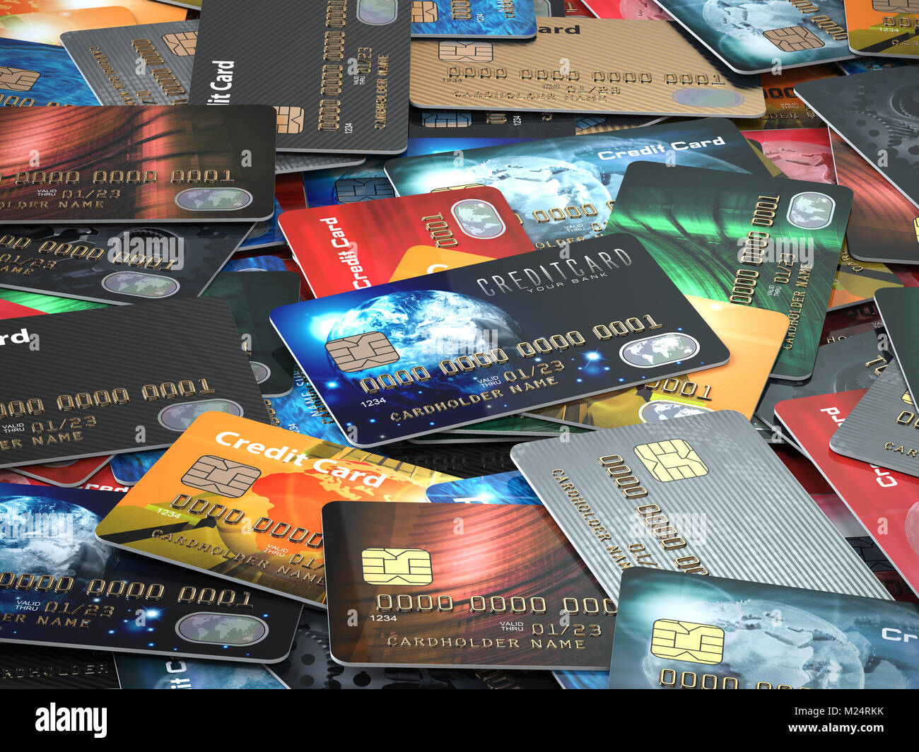 Pile of colored credit cards background, 3d illustration Stock Photo ...