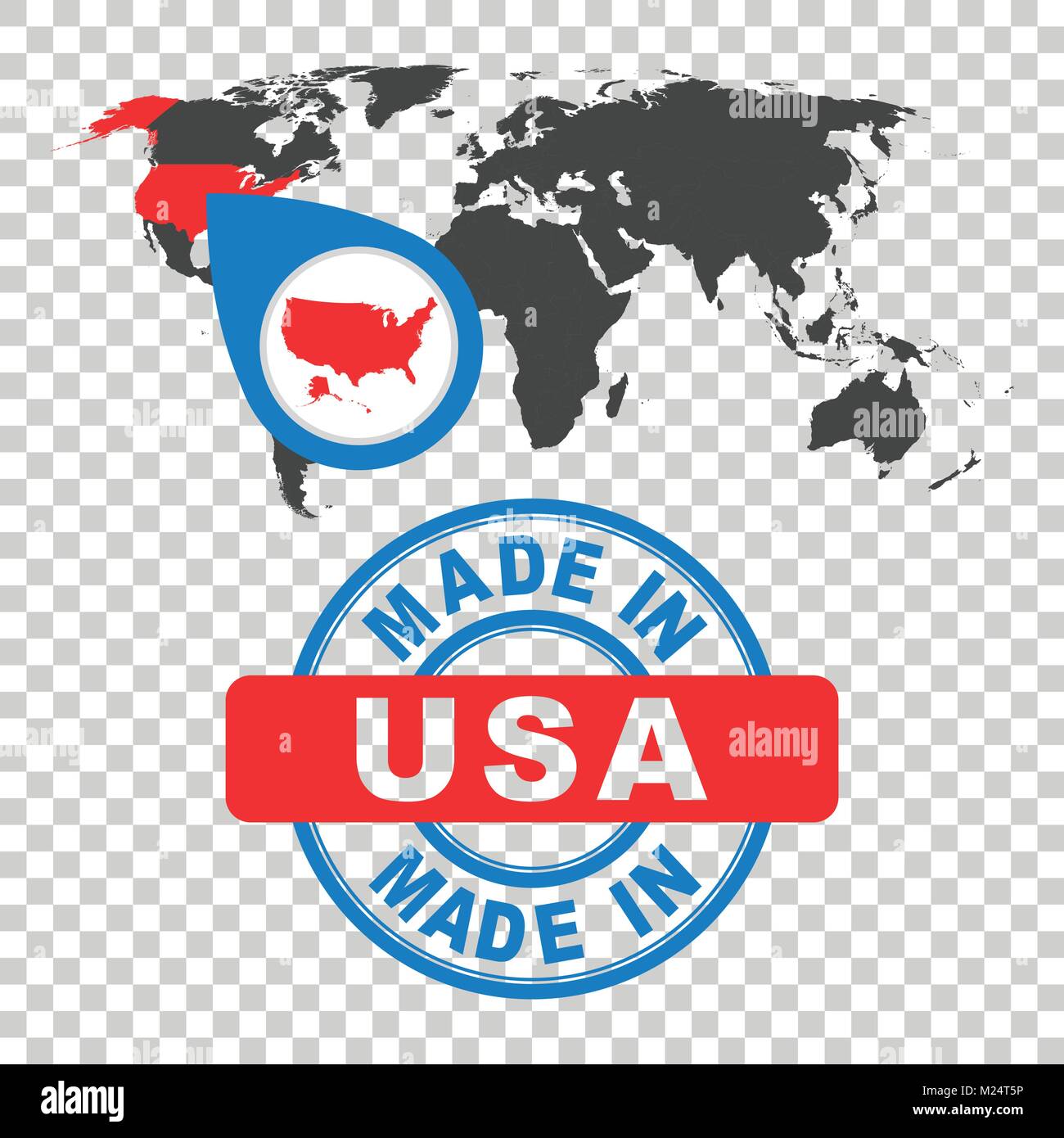 Made in USA, America stamp. World map with red country. Vector emblem ...