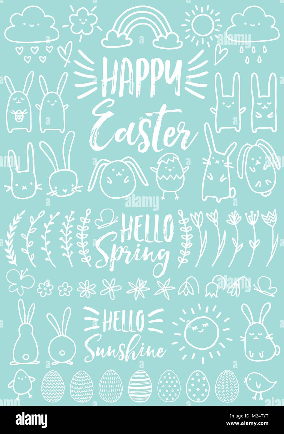 Cute white Easter doodles, bunnies, eggs and hand drawn flowers, set of ...