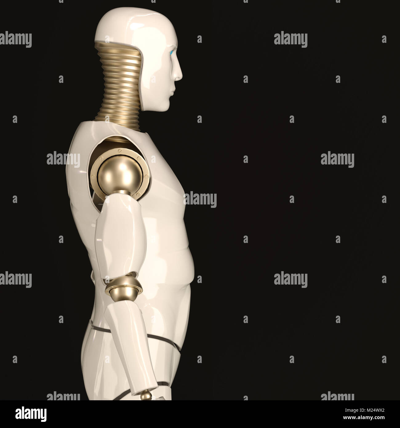 3D rendering Stylish handsome cyborg head in profile. Isolated on black ...