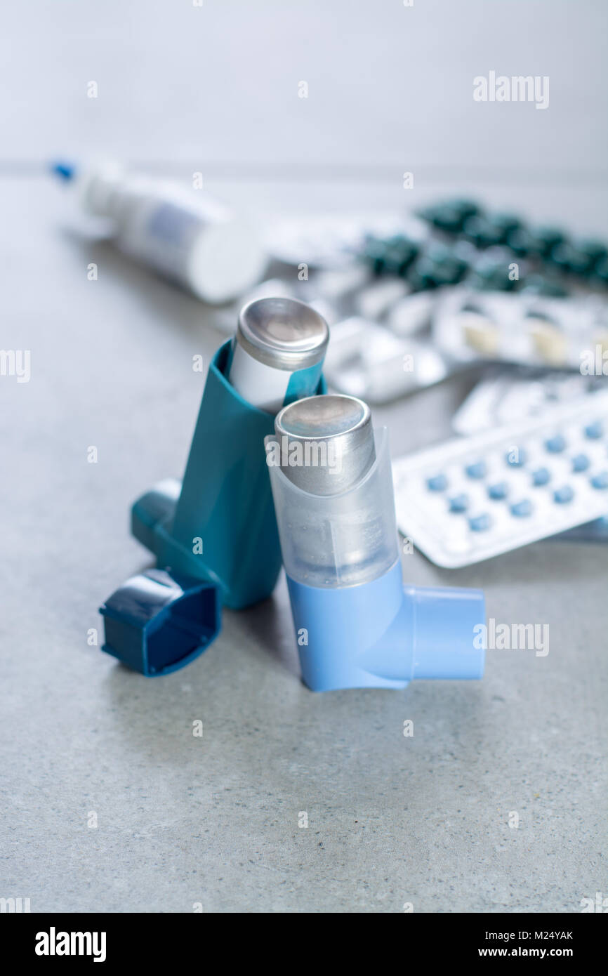 Pills and inhalers for asthma, bronchitis, lungs diseases, first aid ...