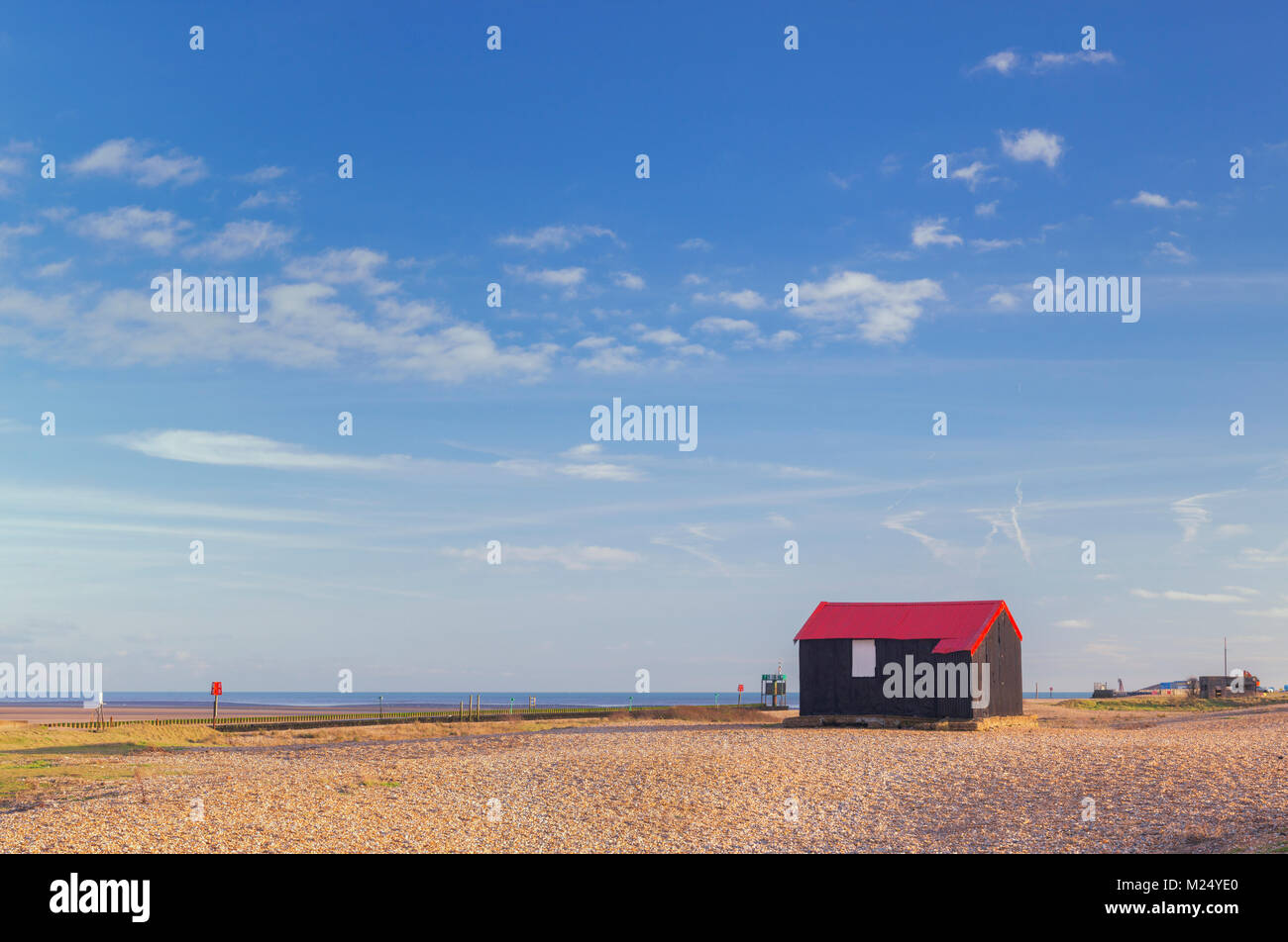Rye Harbour red roofed hut Stock Photo - Alamy