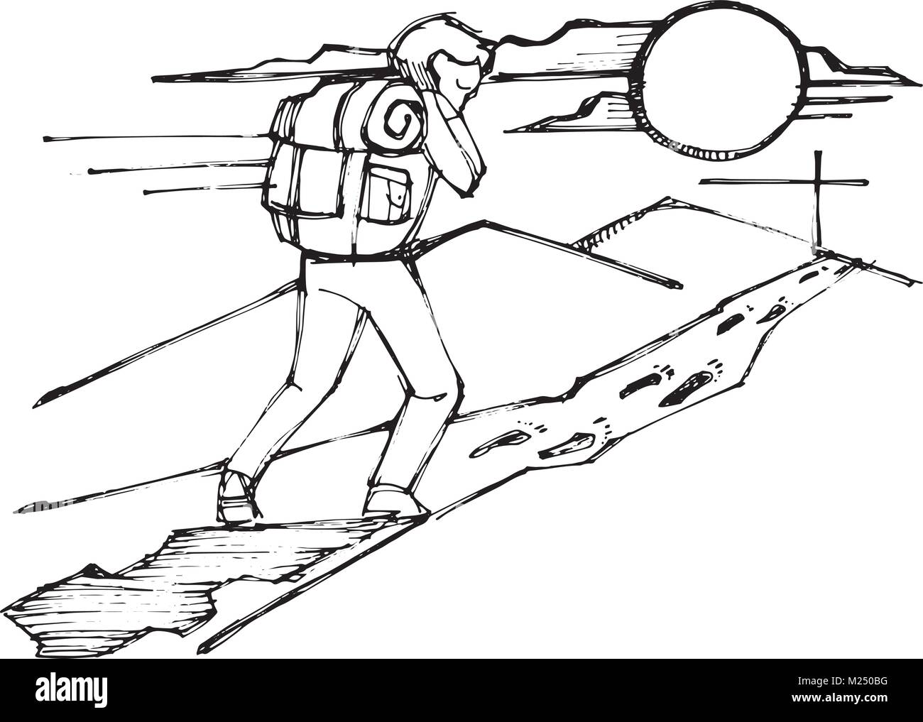 Hand drawn vector ink illustration or drawing of a Man with backpack ...