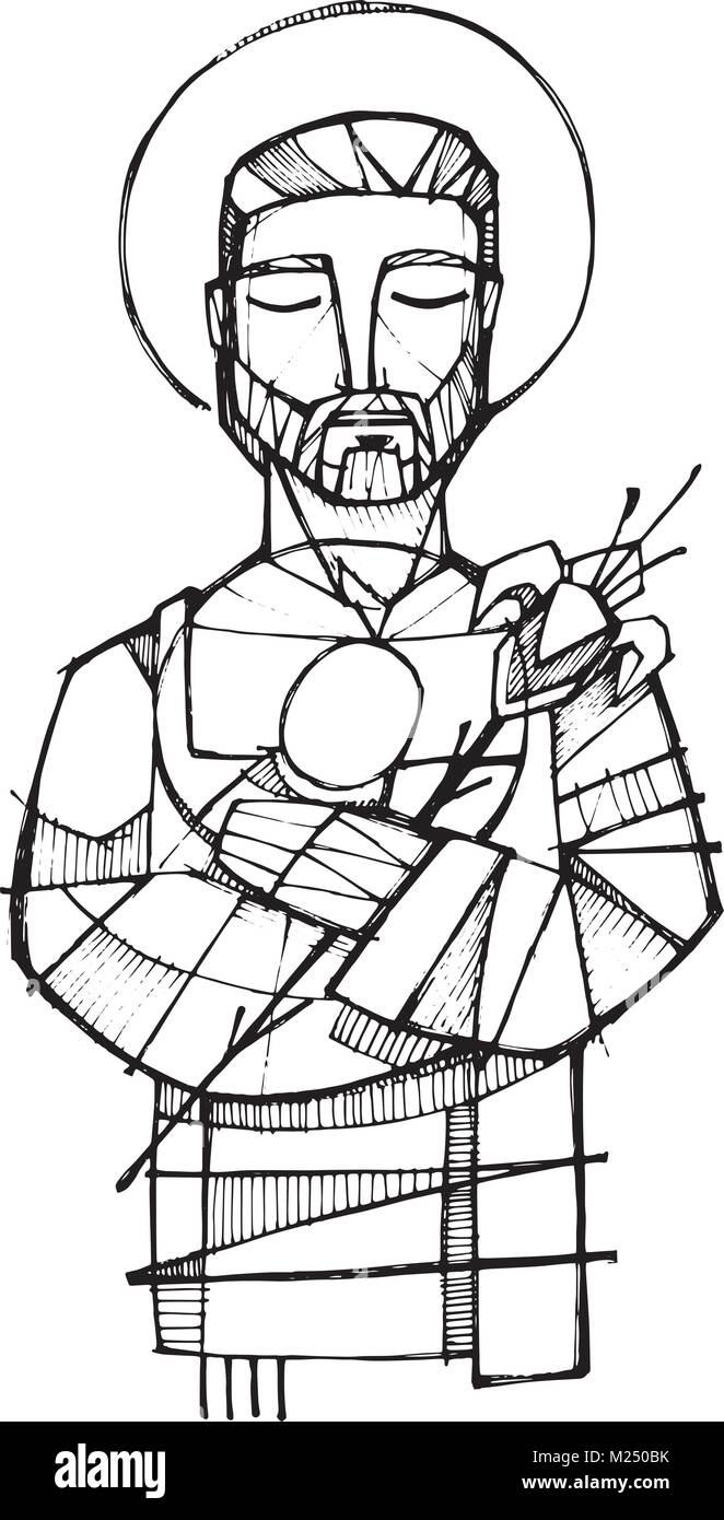 Hand drawn vector ink illustration or drawing of Saint Joseph and baby ...