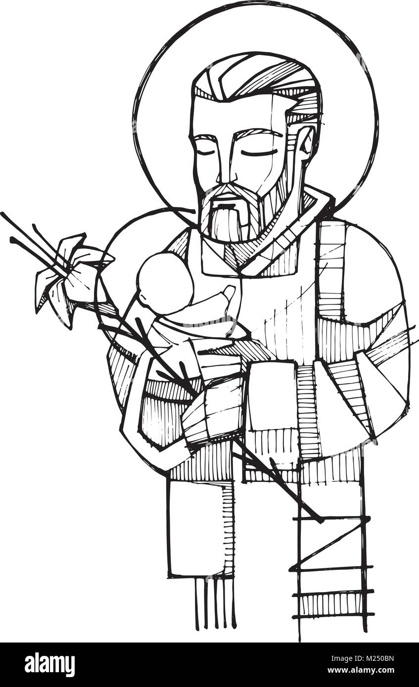 Hand drawn vector ink illustration or drawing of Saint Joseph and baby ...