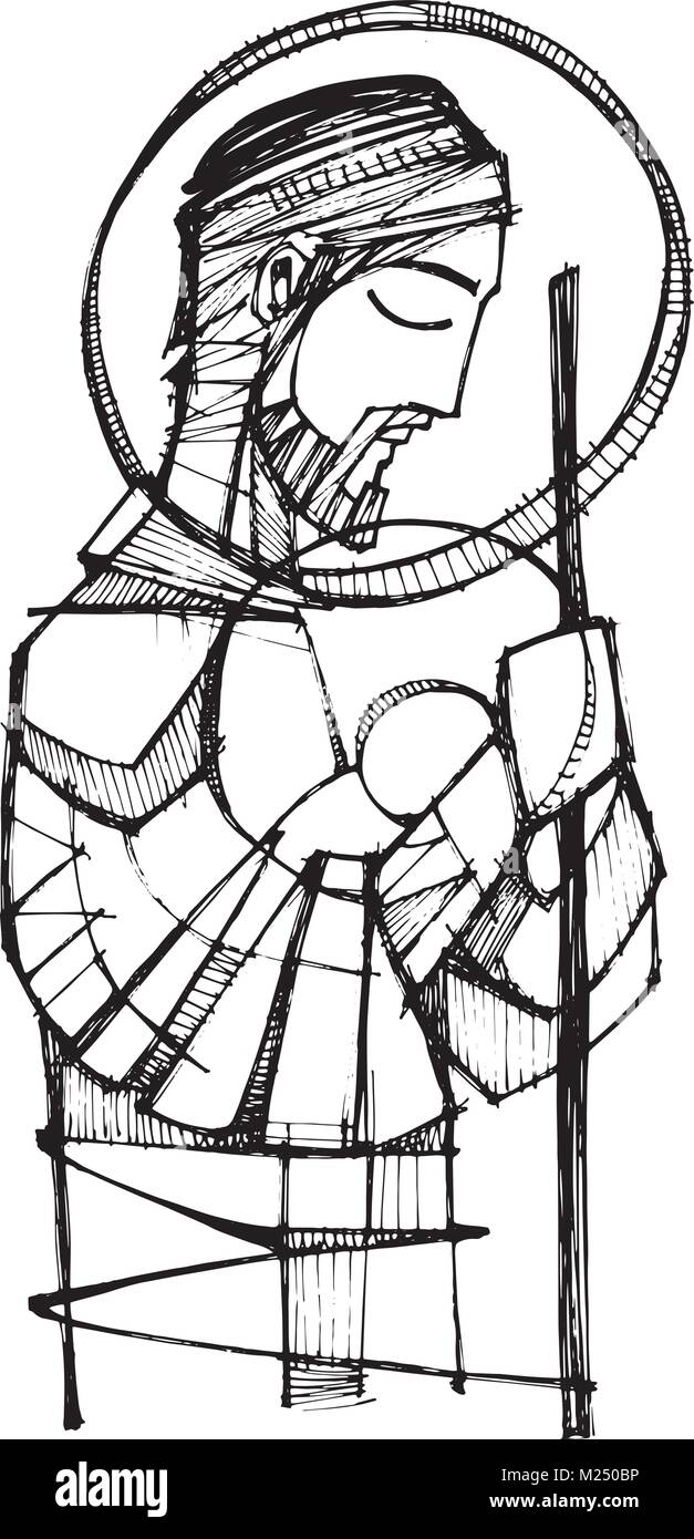 Hand drawn vector ink illustration or drawing of Saint Joseph and baby ...