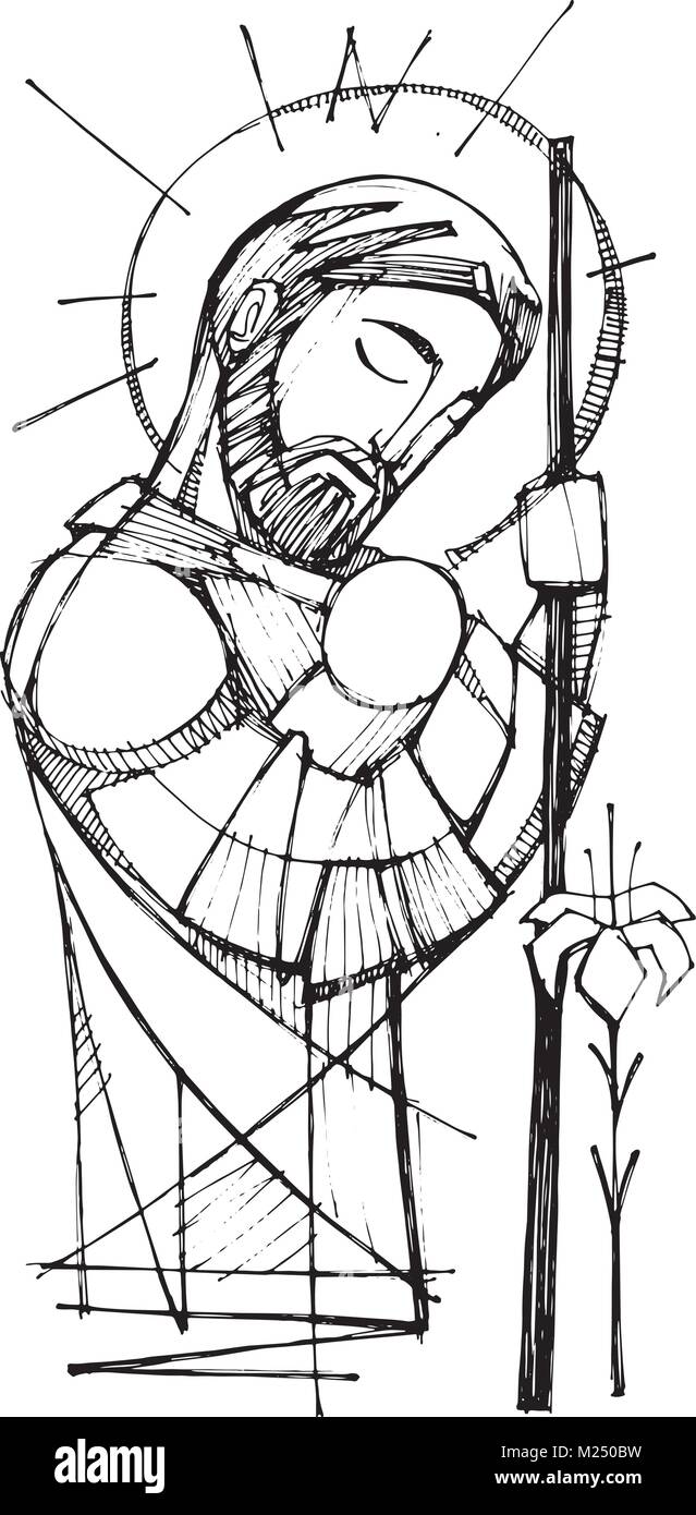 Hand drawn vector ink illustration or drawing of Saint Joseph and baby ...