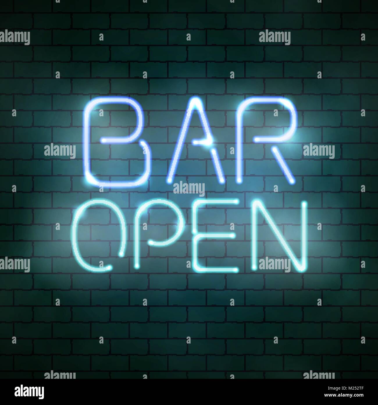 Bar open neon sign on the brick wall. Vector illustration of glowing ...