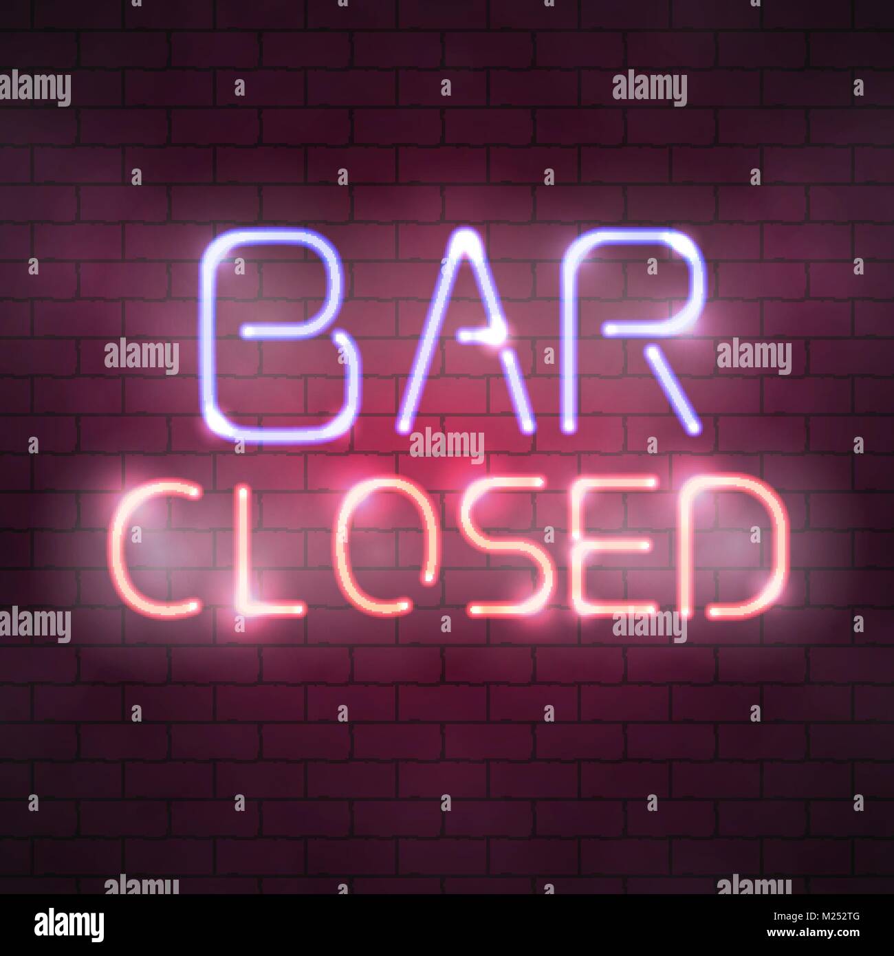 Bar closed neon sign on the brick wall. Vector illustration of glowing ...