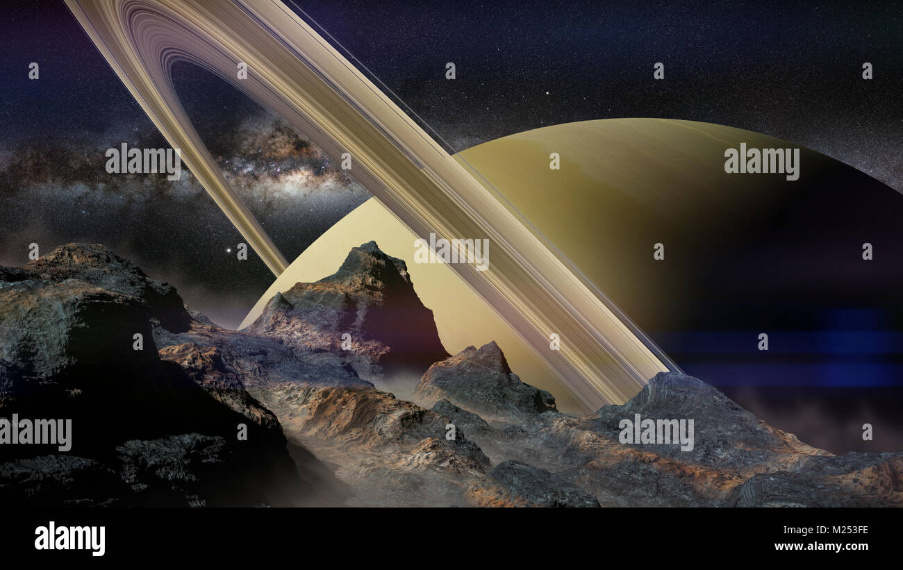a view of planet Saturn and the rings, as seen from one of its moons ...