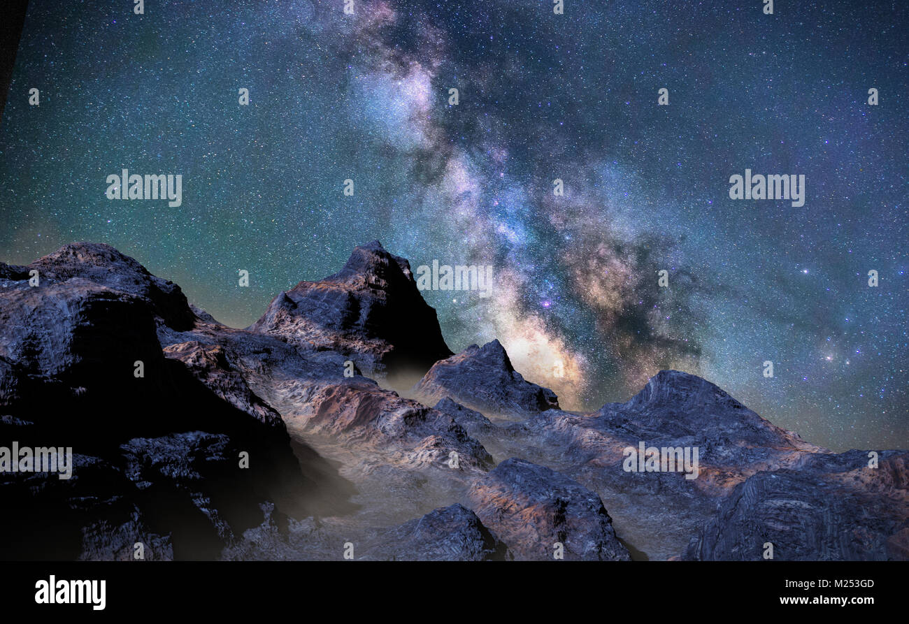 rocky landscape with low crawling fog lit by the Milky Way galaxy Stock ...