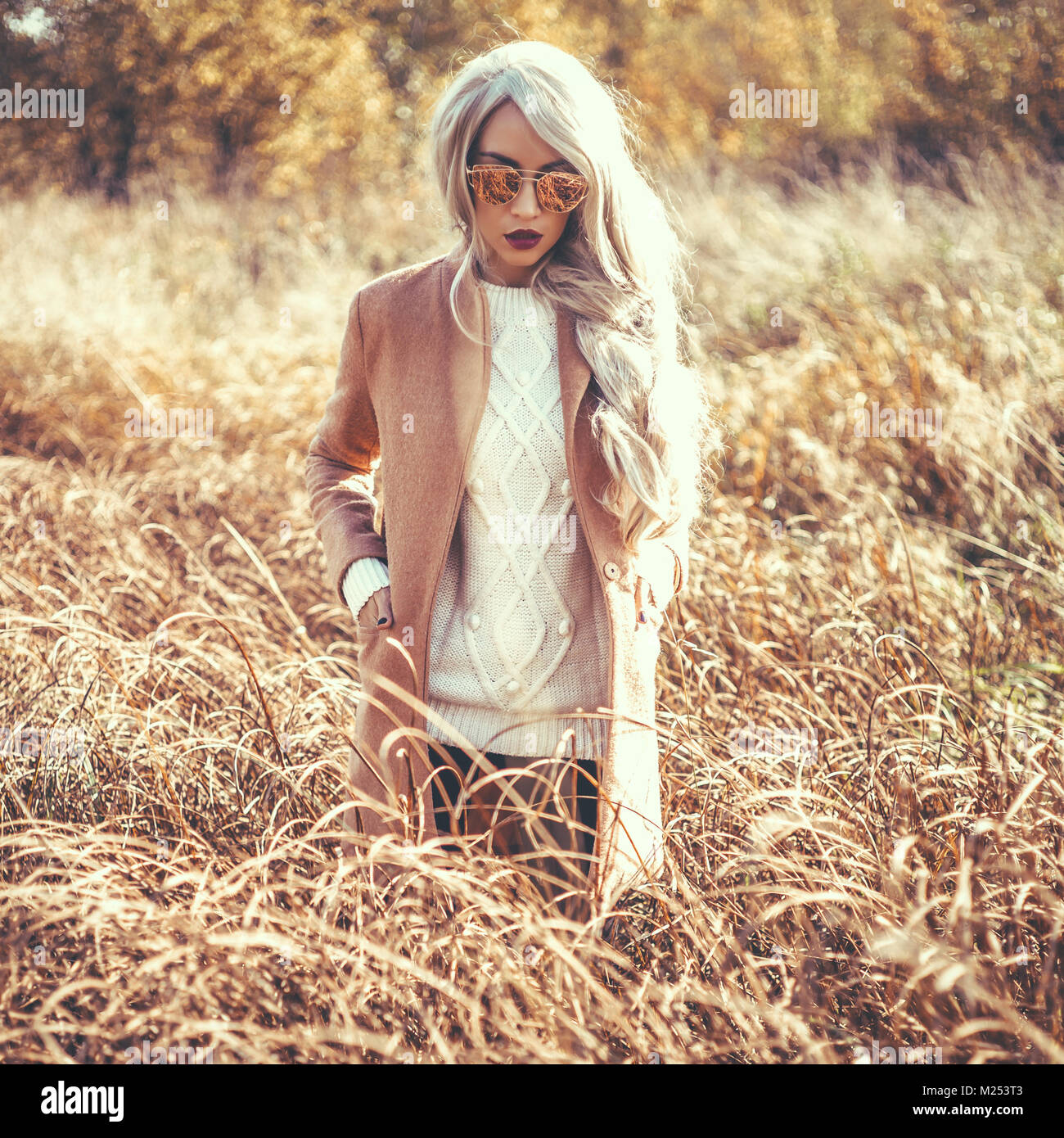 Outdoor atmospheric fashion photo of young beautiful lady in autumn ...