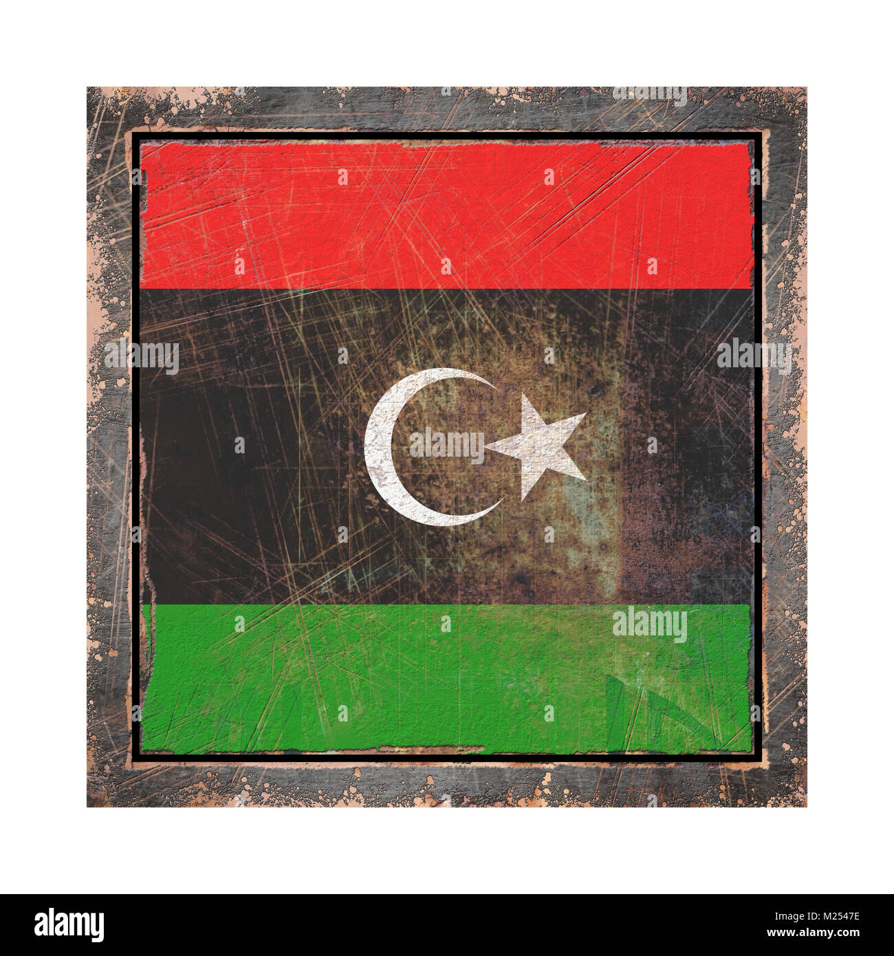 3d rendering of a Libya flag over a rusty metallic plate wit a rusty ...