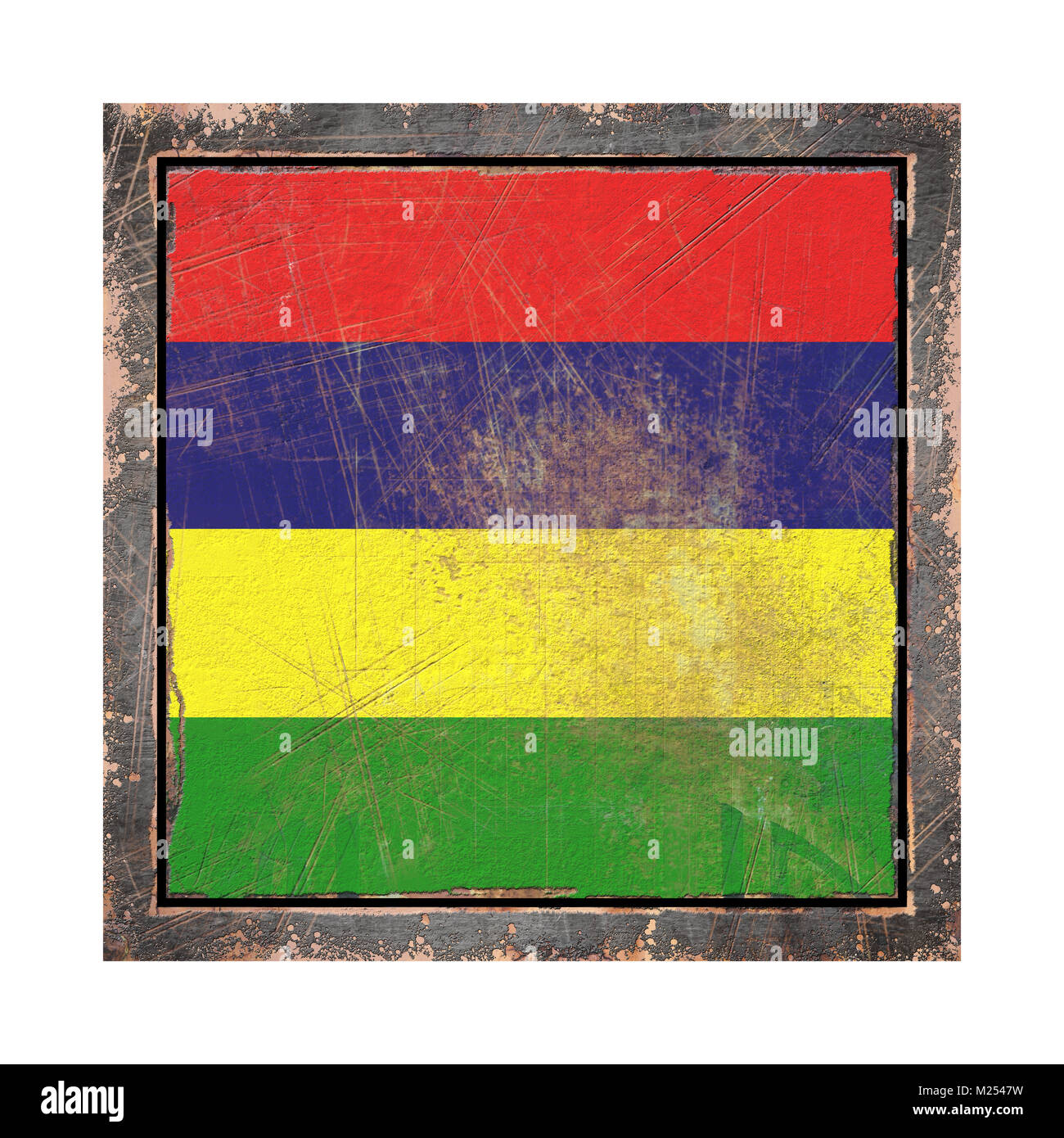 3d rendering of a Republic of Mauritius flag over a rusty metallic ...