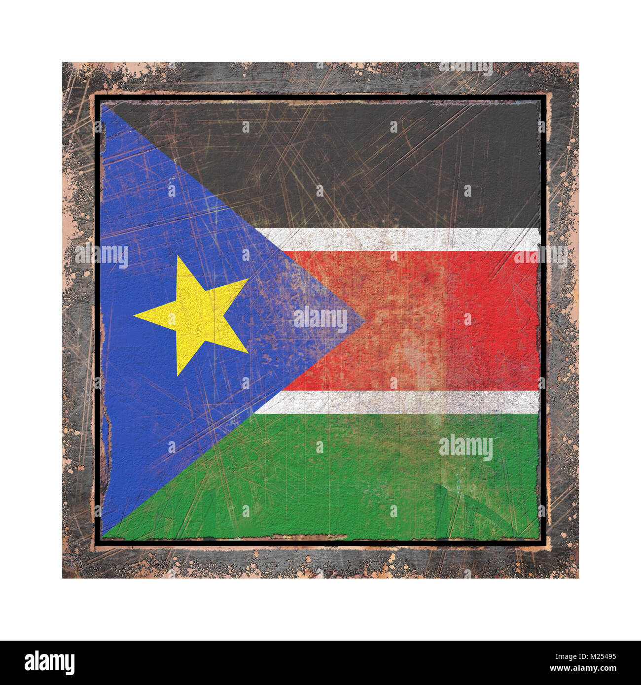 3d rendering of a South Sudan flag over a rusty metallic plate wit a ...