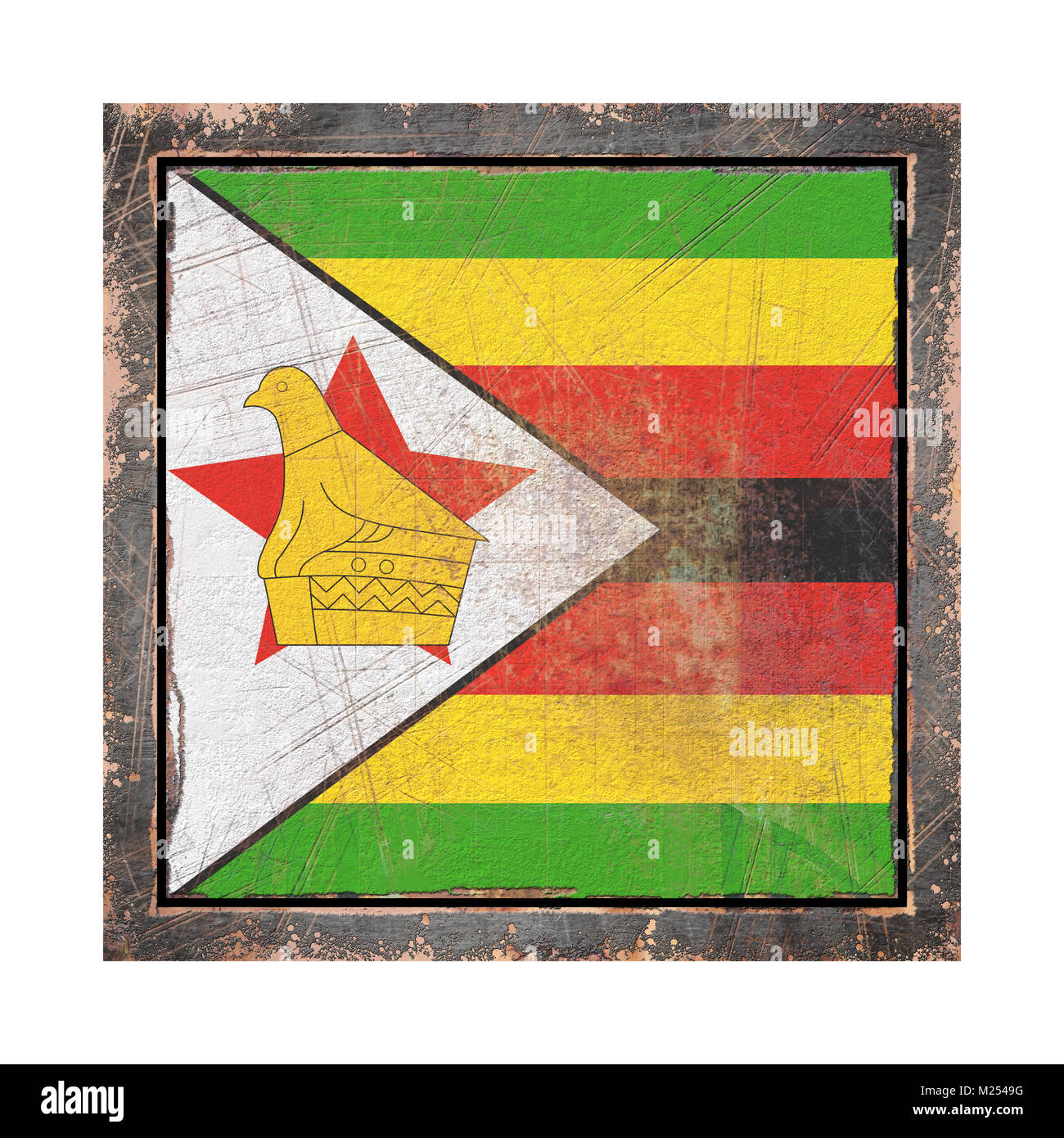 3d rendering of a Republic of Zimbabwe flag over a rusty metallic plate ...