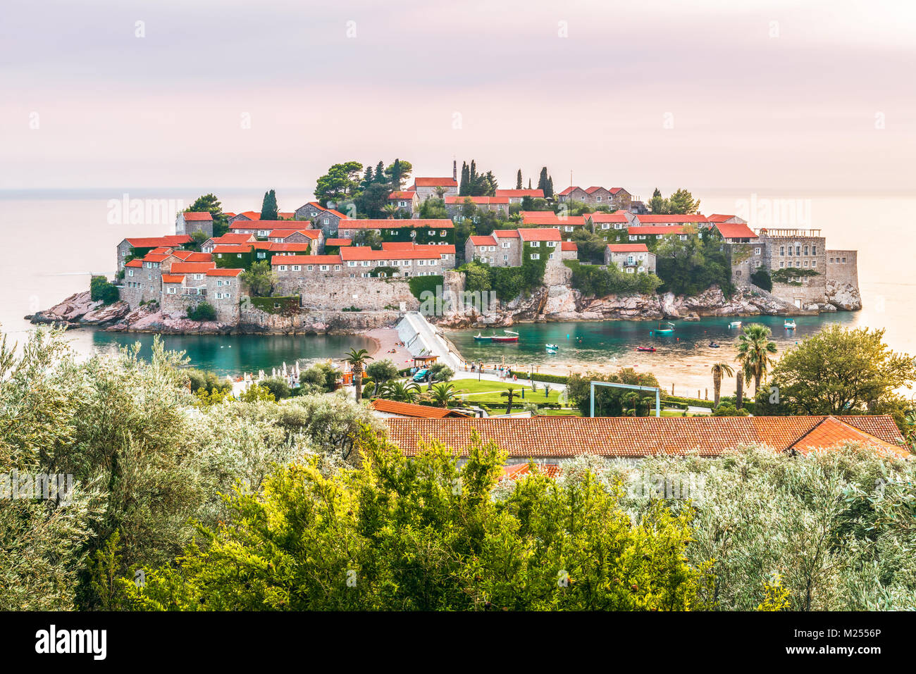 Beautiful view of the island-resort of St. Stephen (Sveti Stefan) at ...