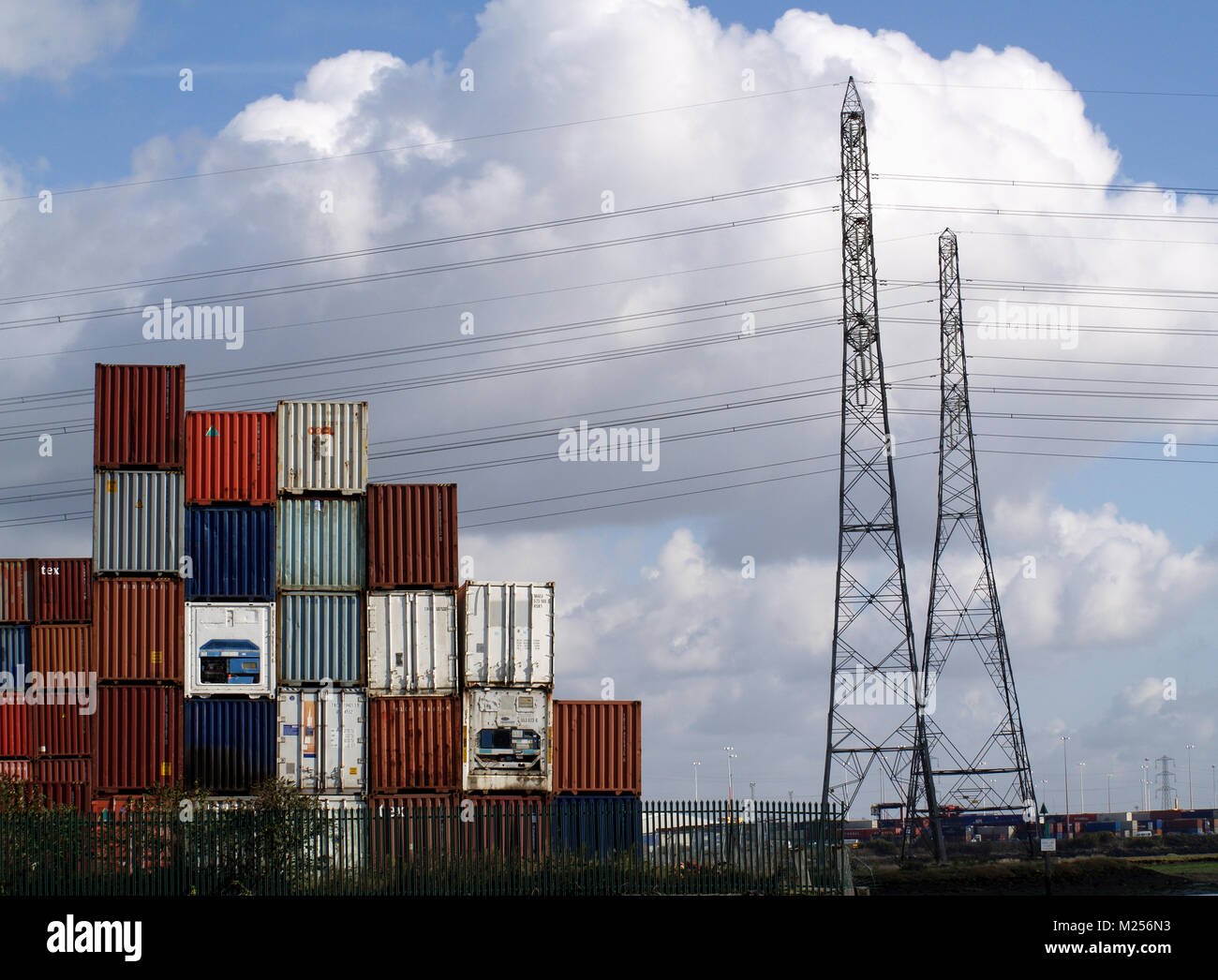 Electricity pylons at Marchwood Container Port, Southampton Docks ...