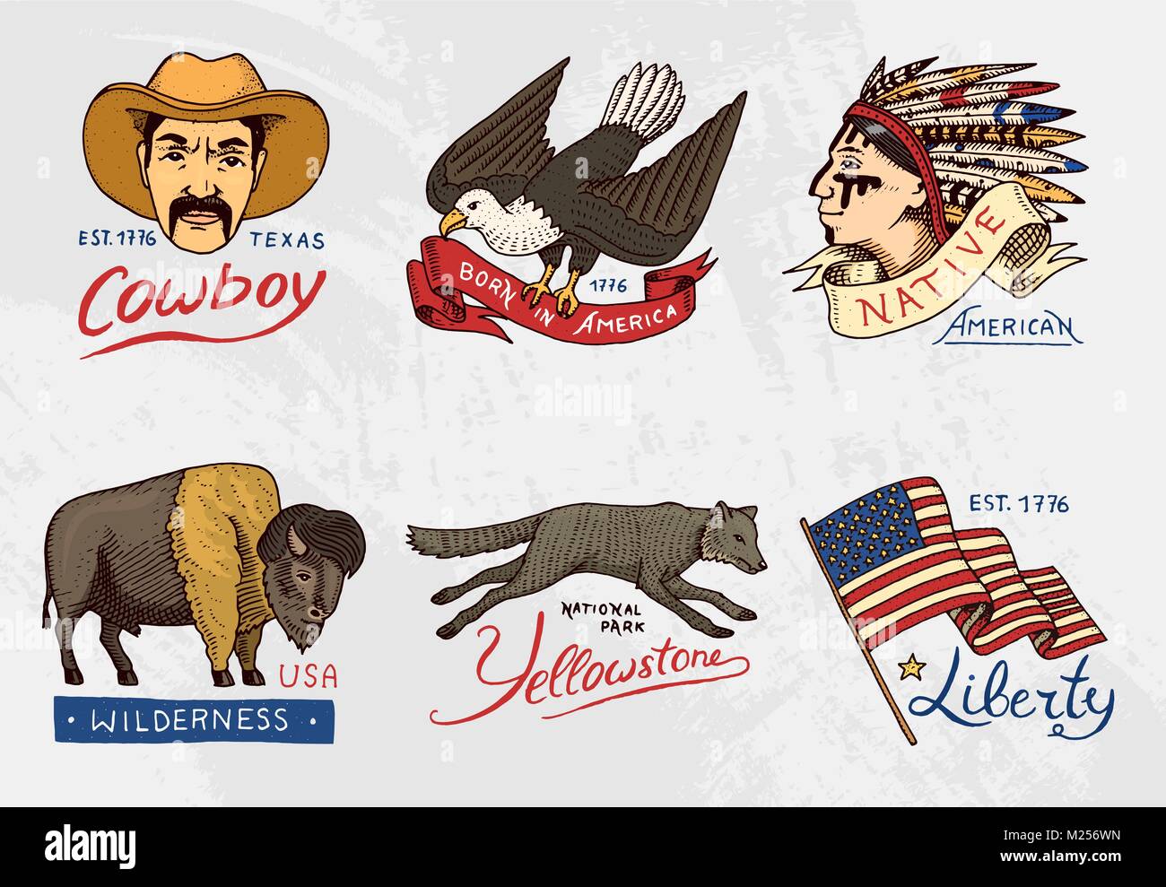 native american set. old, labels or badges for camping, hiking, hunting ...