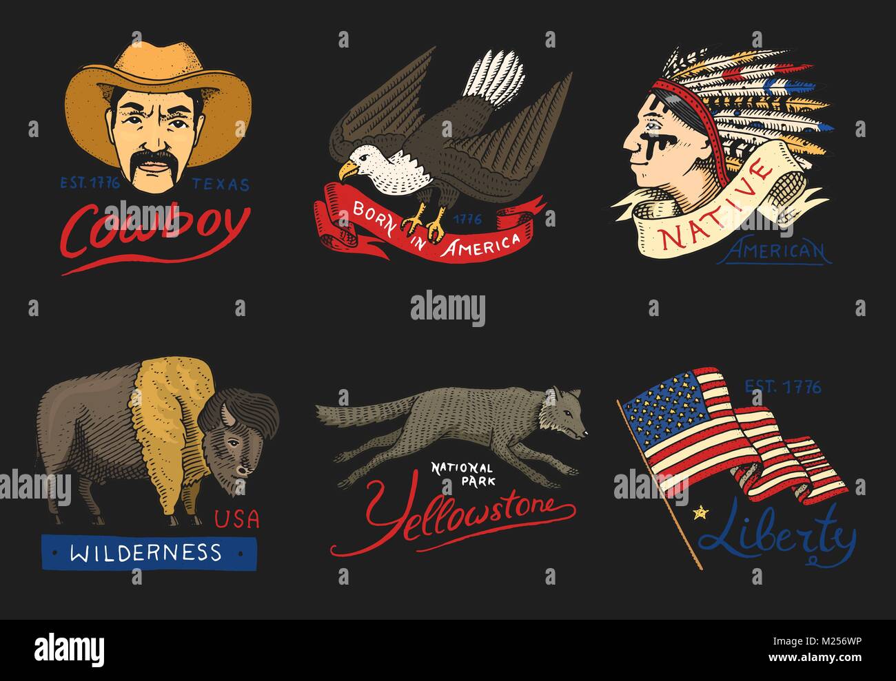 native american set. old, labels or badges for camping, hiking, hunting ...