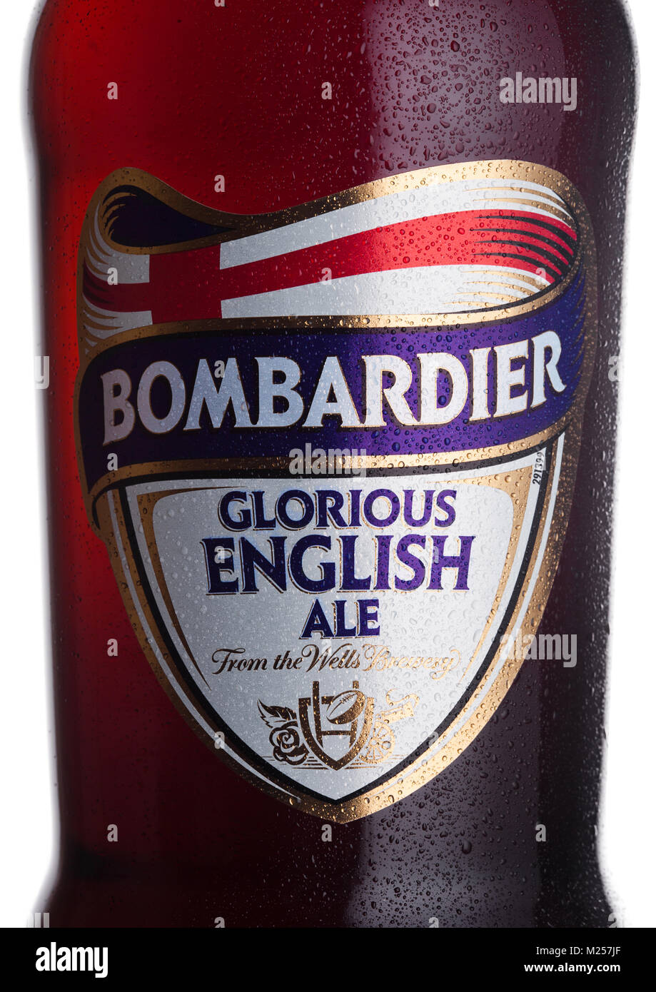 LONDON, UK - FEBRUARY 02, 2018: Bottle label of Bombardier glorious ...